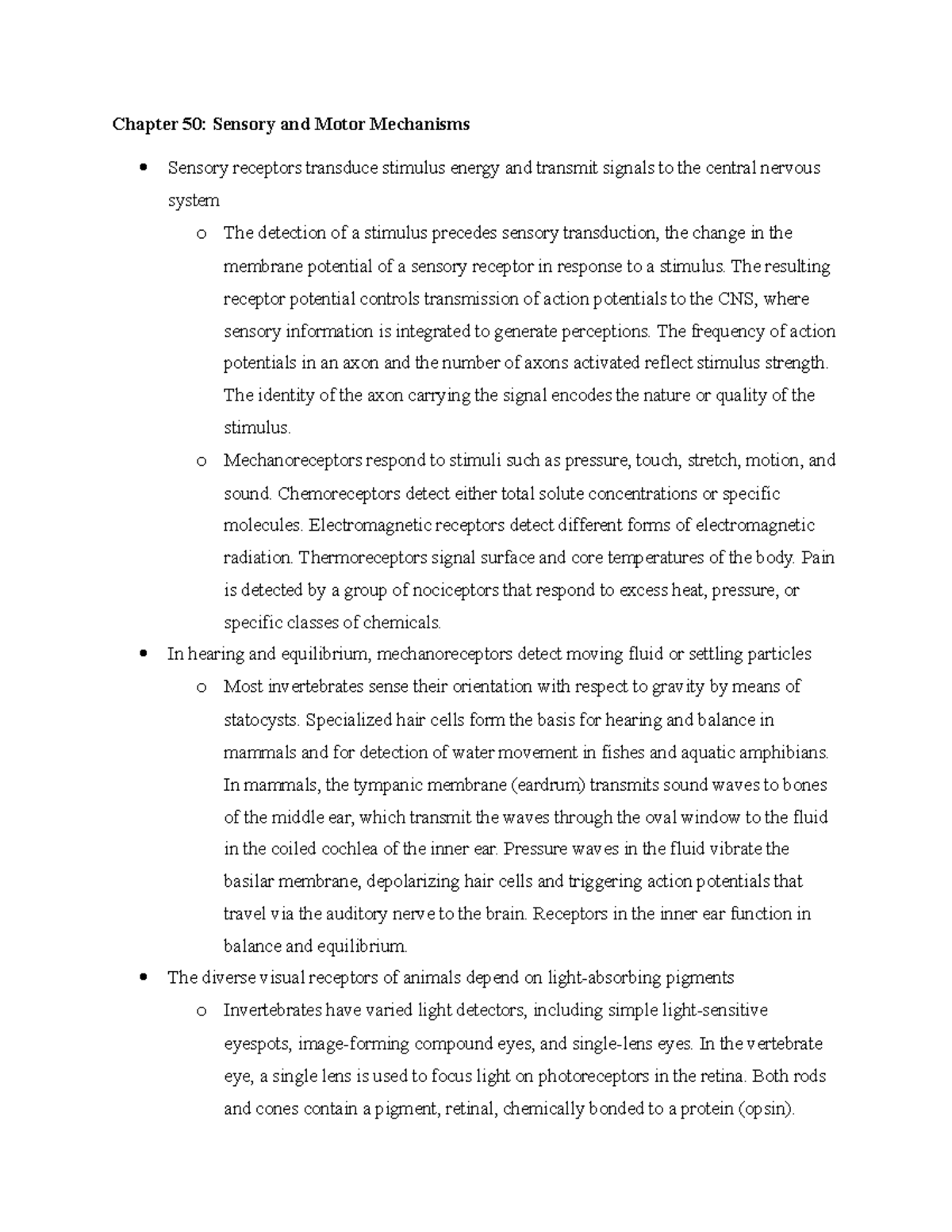 Biology Chapter 50: Sensory & Motor Mechanisms Overview - Studocu