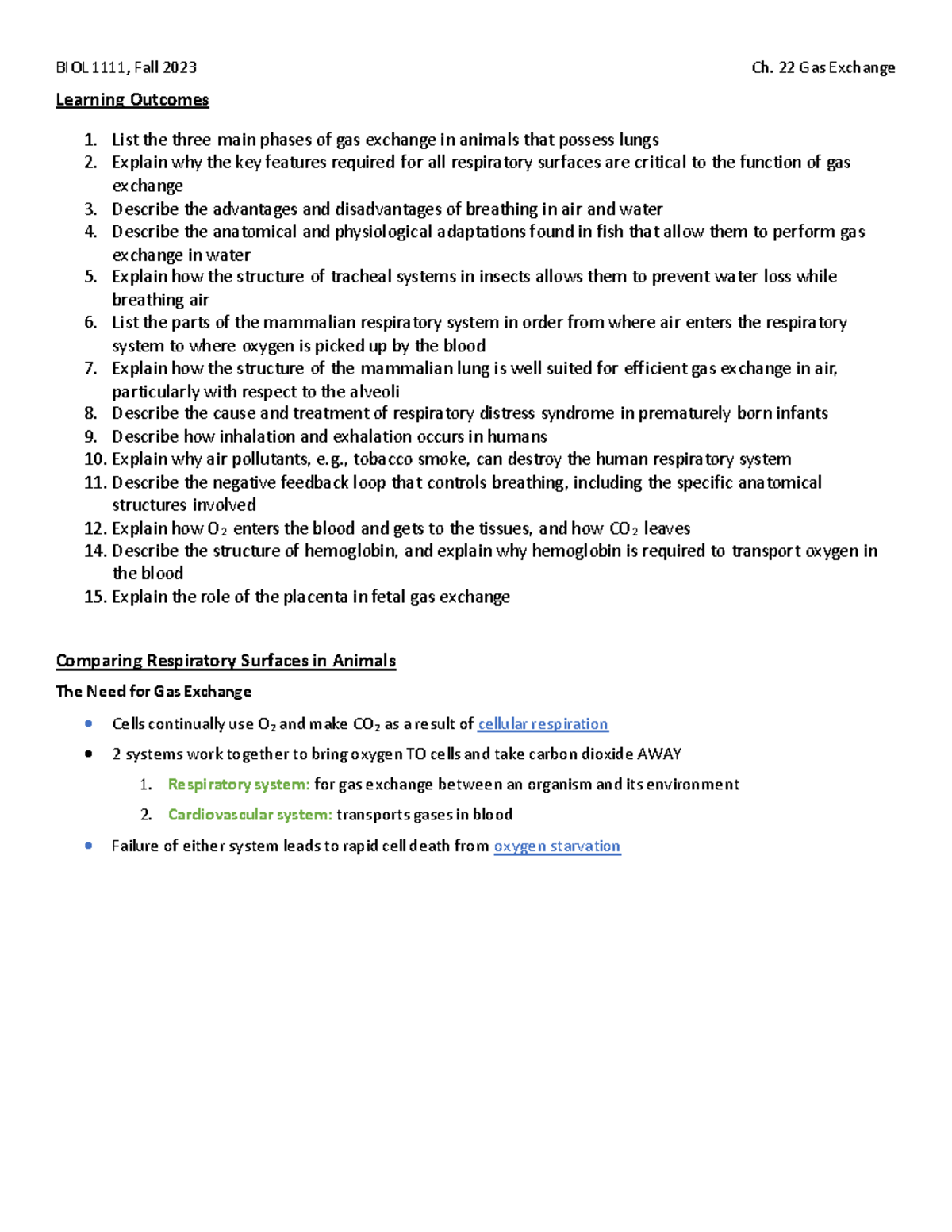 BIO Ch. 22 Gas Exchange - Key Concepts and Notes - Studocu