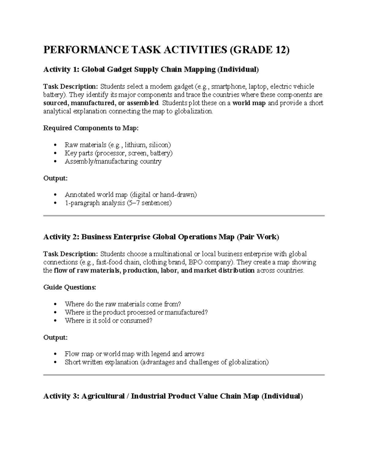 Grade 12 Performance Task: Global Supply Chain Mapping Activities - Studocu