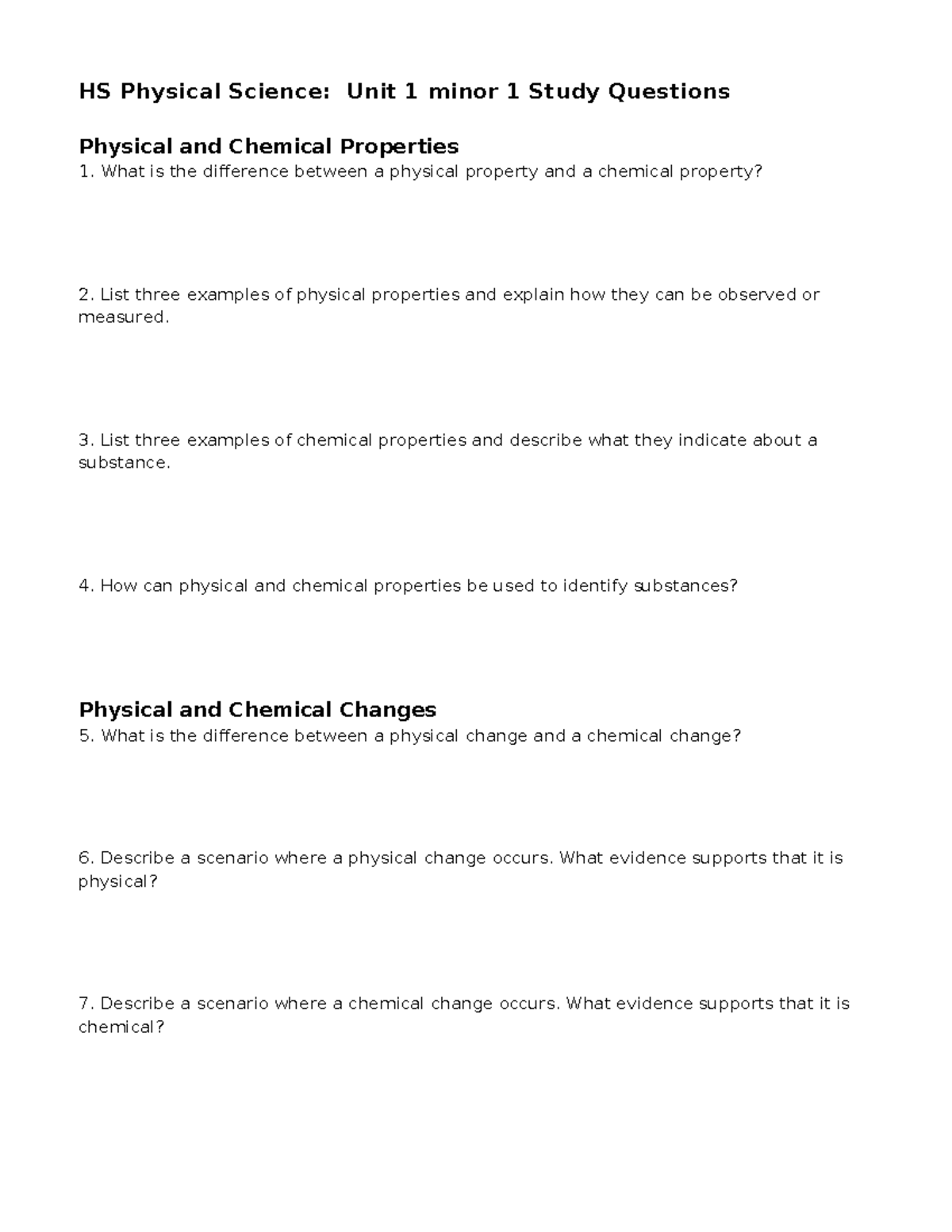 HS Physical Science: Unit 1 Study Questions on Properties and Changes ...