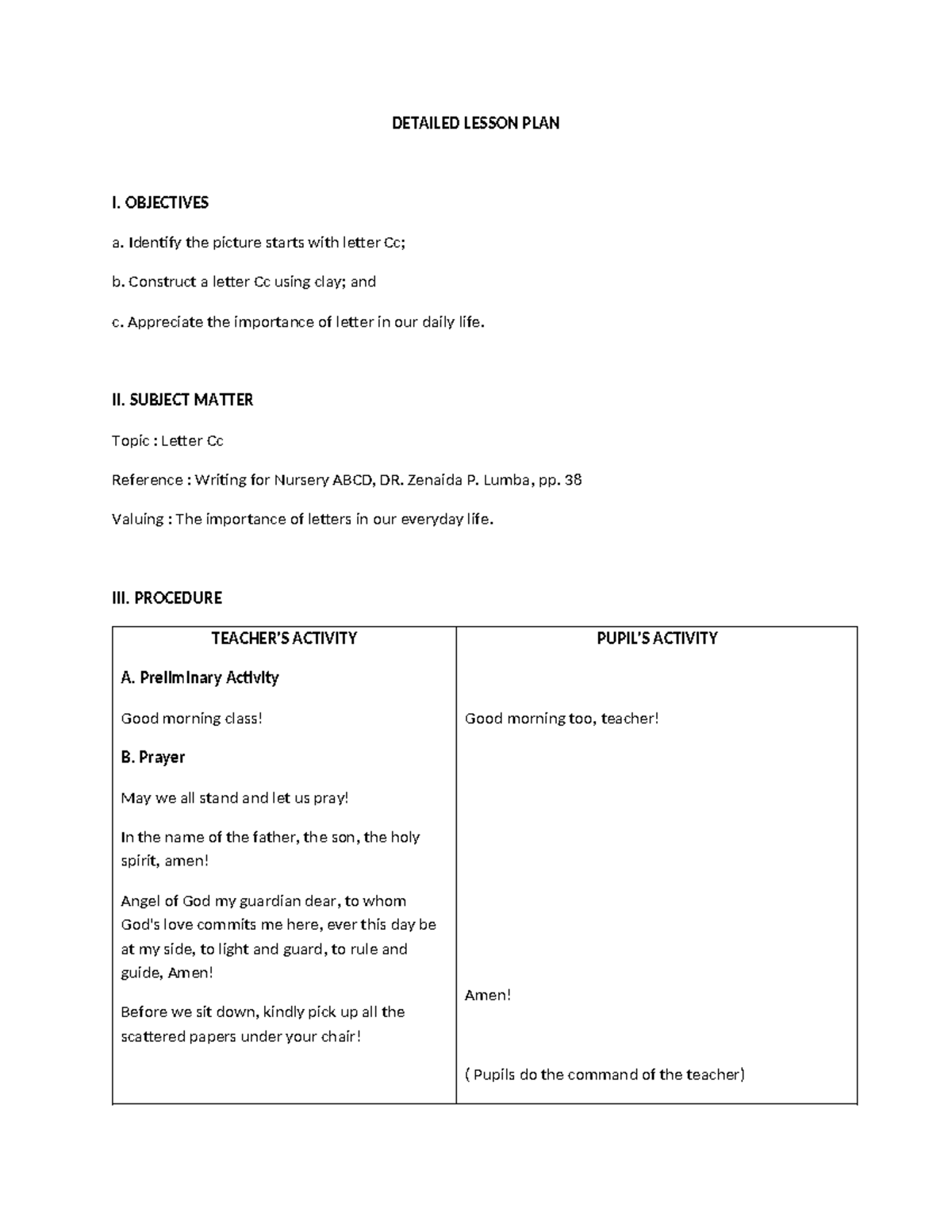 Detailed Lesson Plan: Letter Cc Activities and Objectives - Studocu