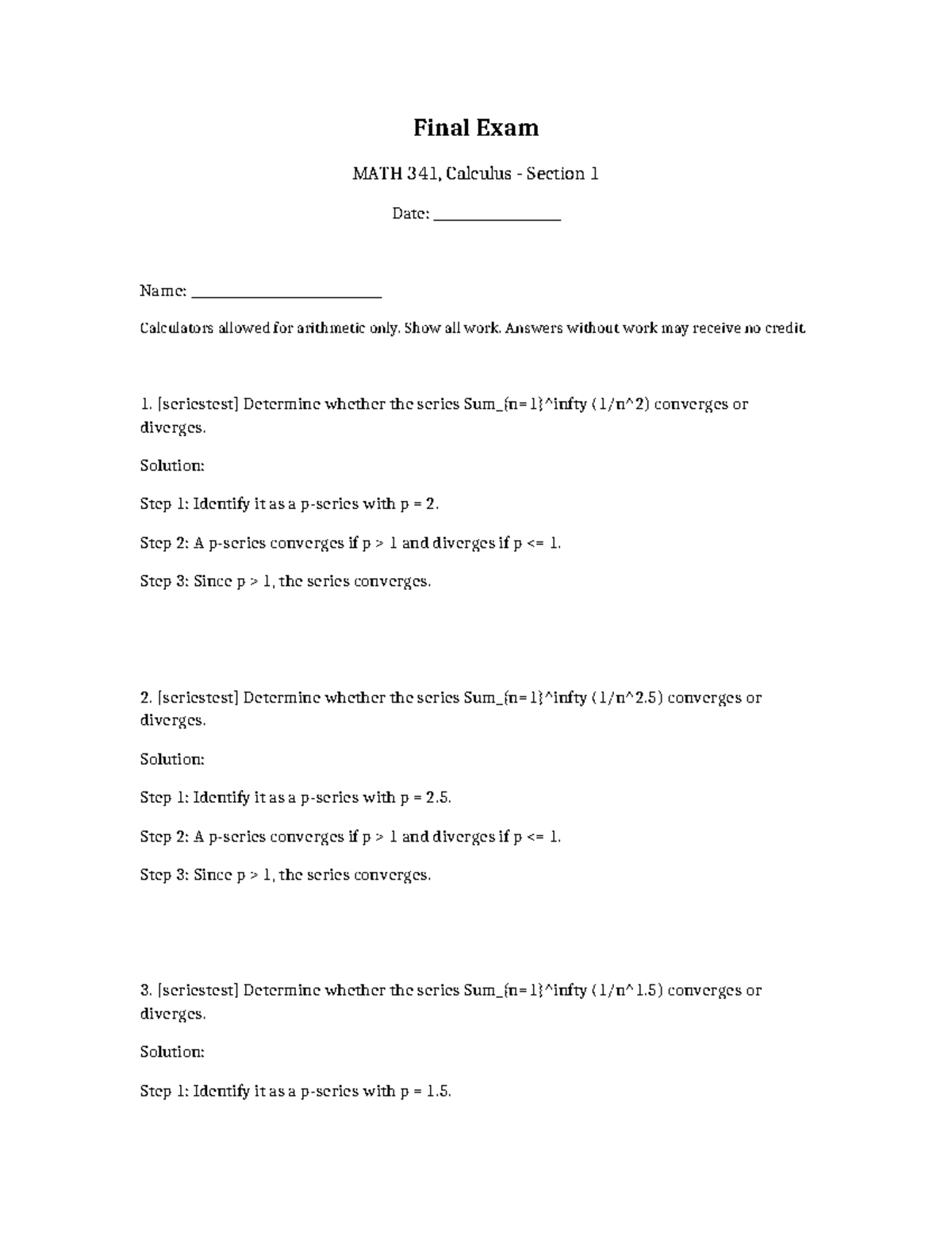 Final Exam Solutions for MATH 341: Series Convergence Tests - Studocu