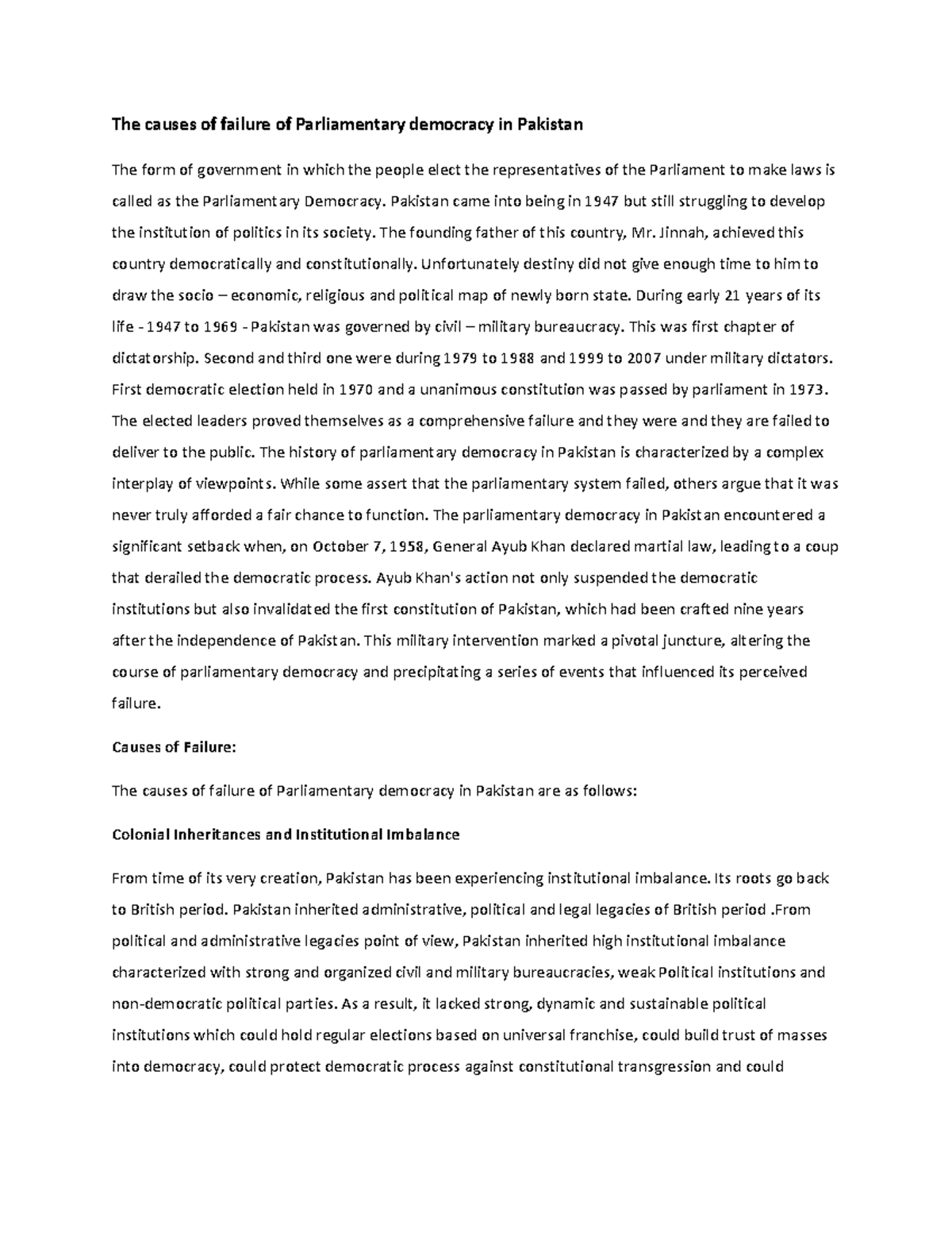 The Causes of Failure of Parliamentary Democracy in Pakistan - SS1013 ...