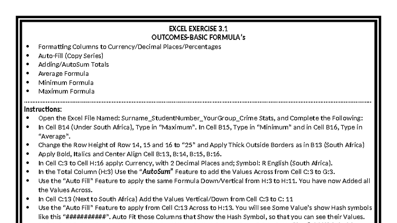 Excel Exercise 3.1: Formatting Columns & Basic Formulas - Studocu