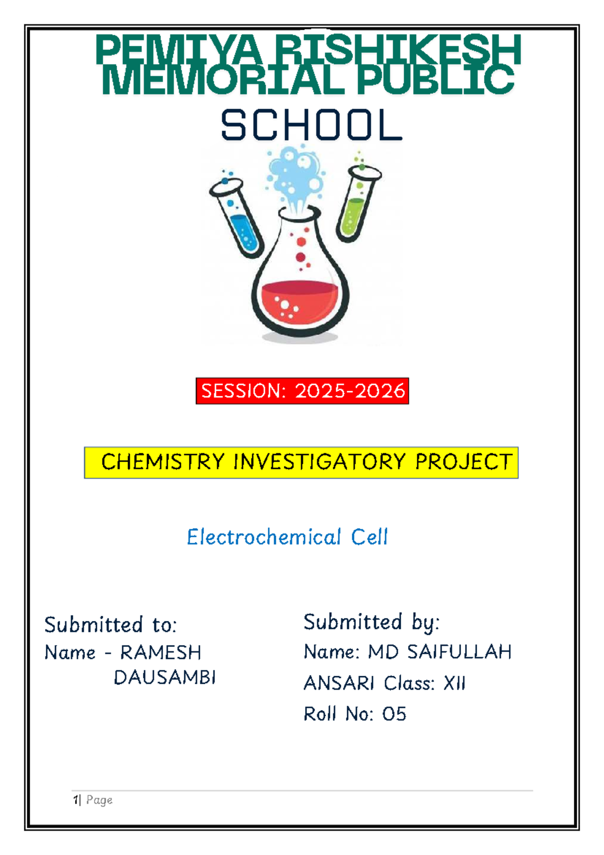 CHEMISTRY XII Investigatory Project: Electrochemical Cell Analysis ...