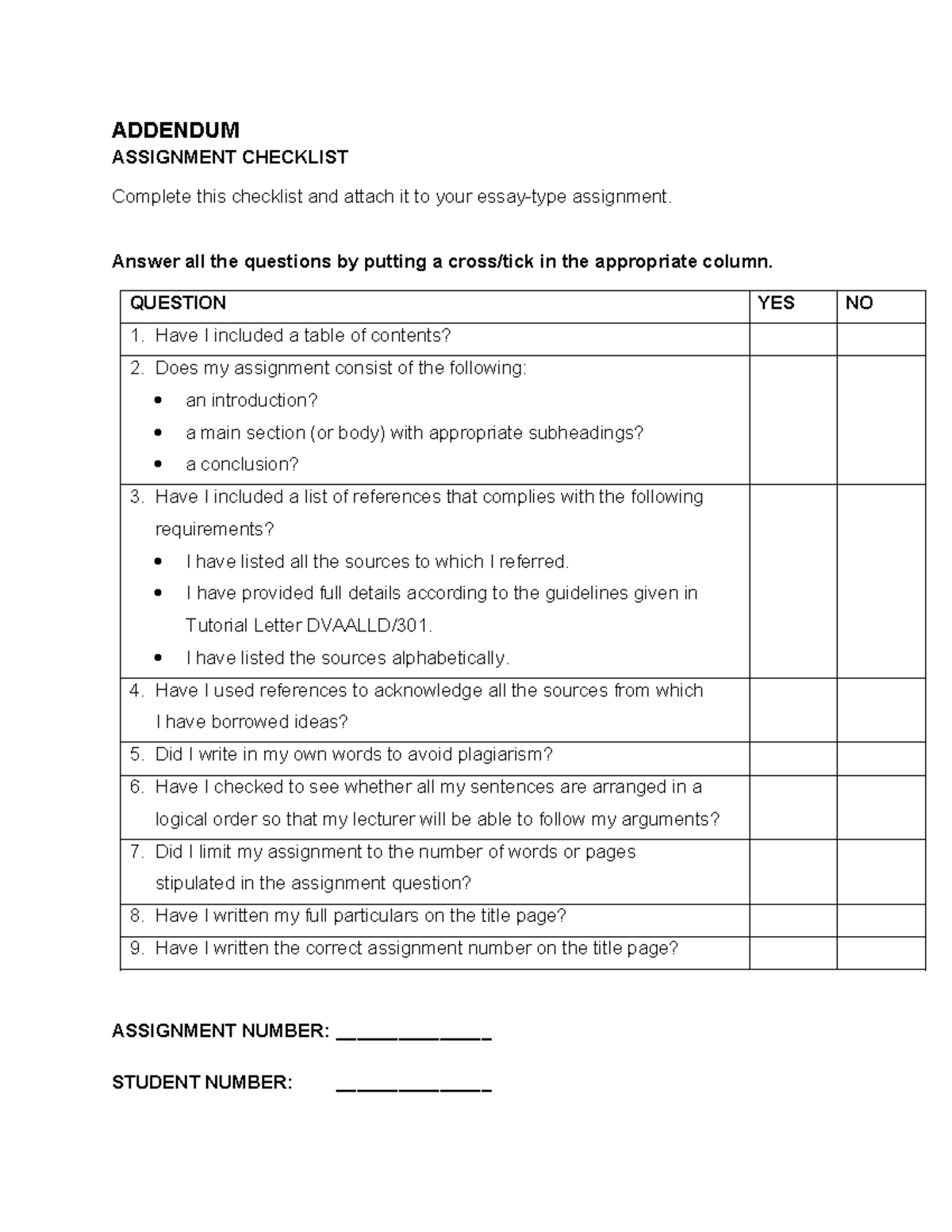 DVA 1501 Assignment 2 Addendum Checklist for Submission - Studocu