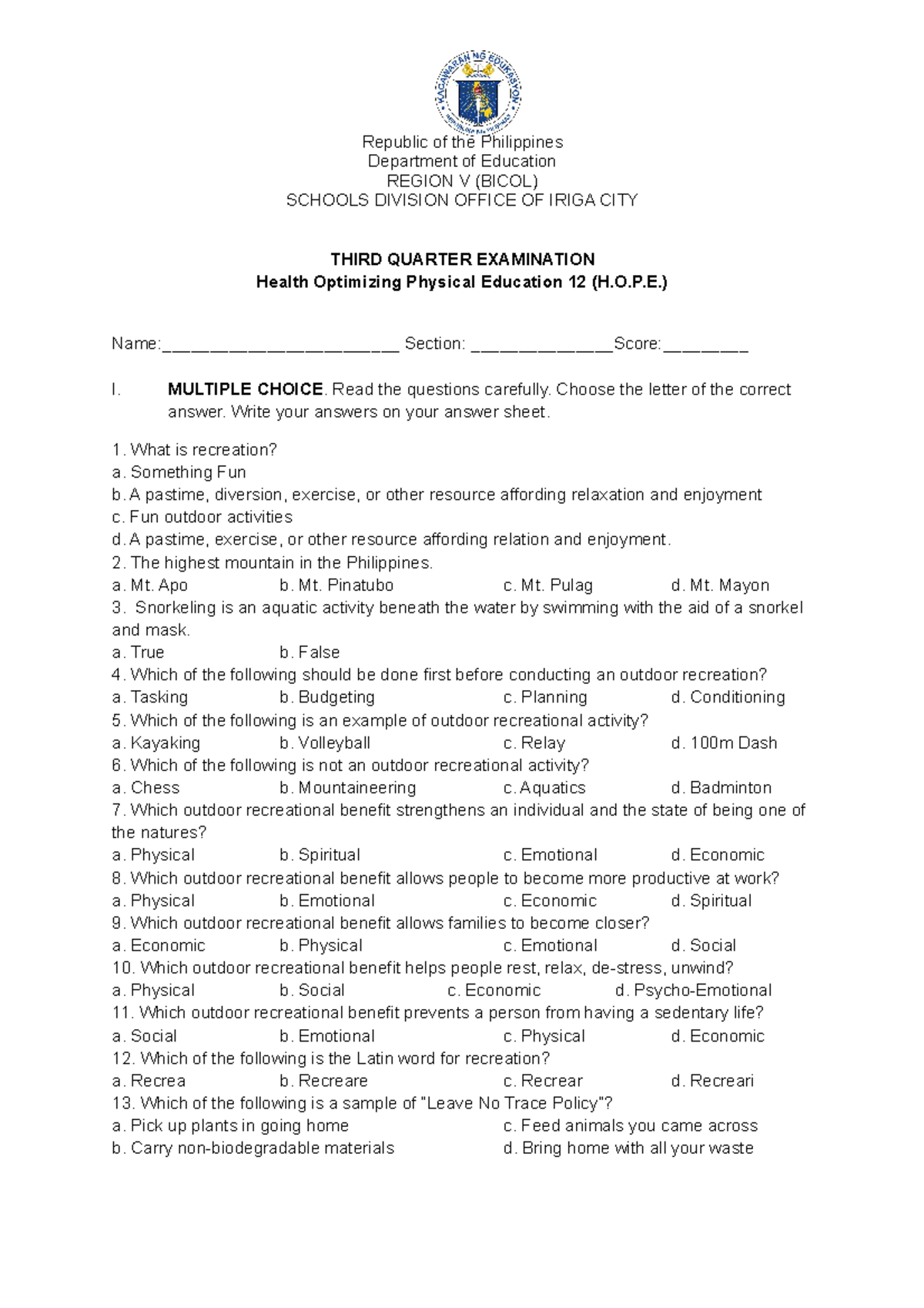 Third Quarter Exam - Health Optimizing Physical Education 12 - Studocu