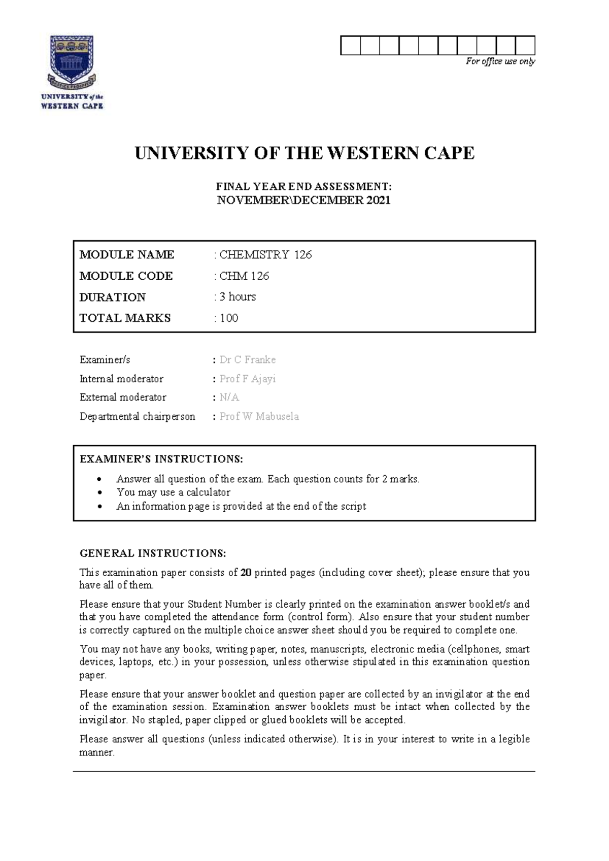 CHM 126 2021 Final - prepare for examination - For office use only ...