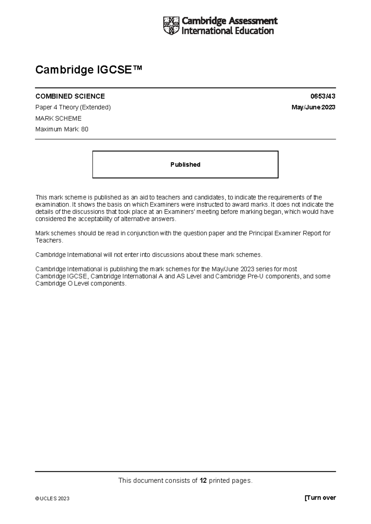 Cambridge IGCSE Combined Science 0653/43 Mark Scheme 2023 - Studocu