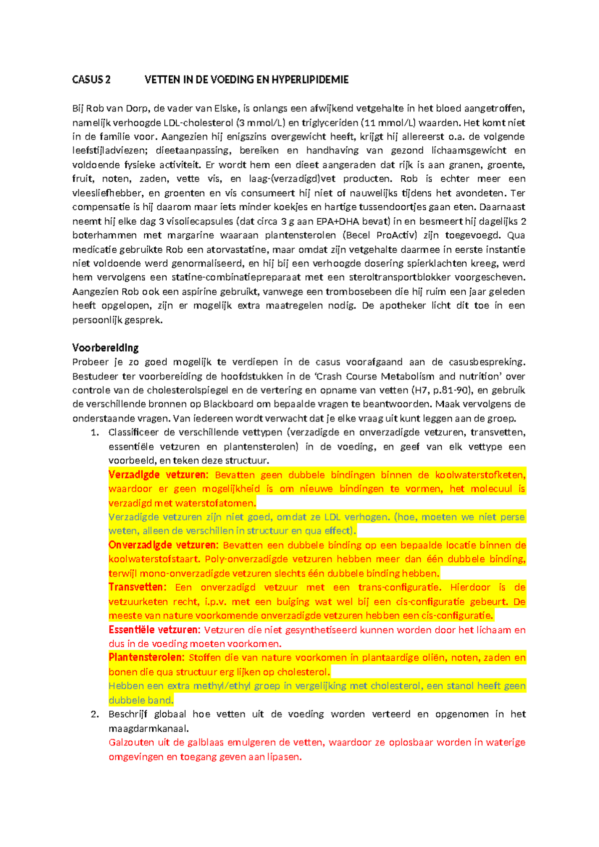 CASUS 2: Vetten, Hyperlipidemie en Dieetinterventies - Studeersnel