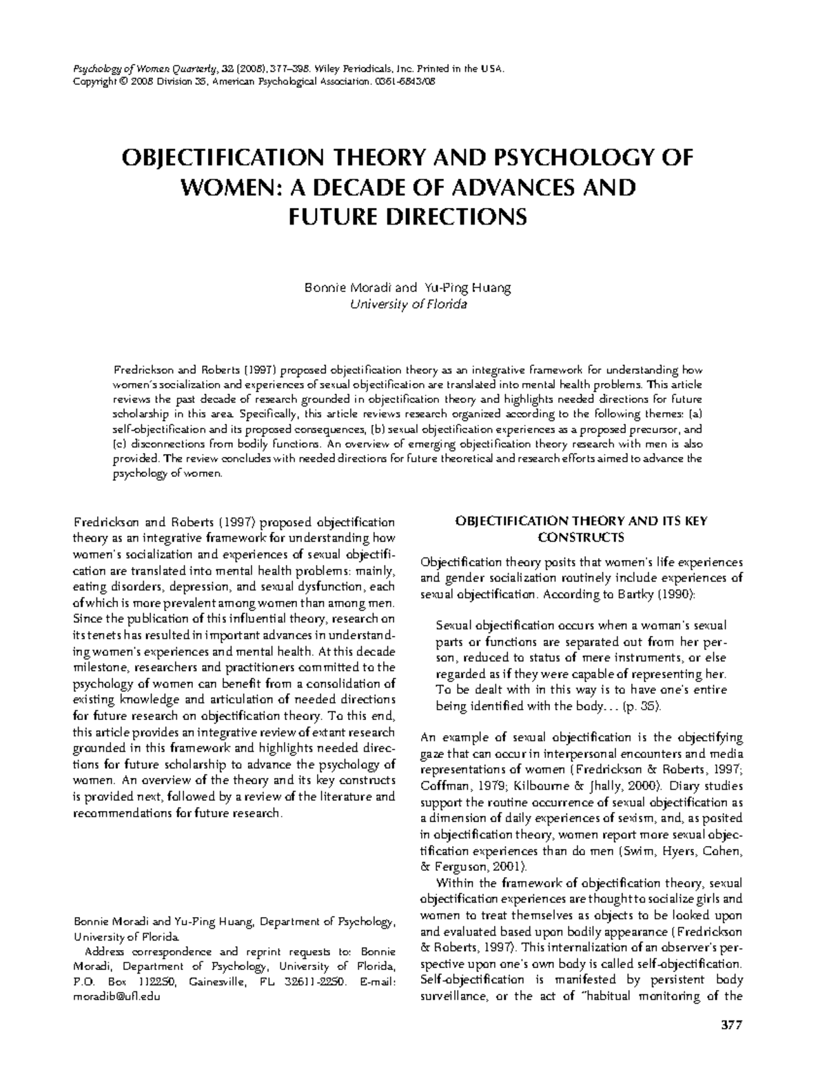 Psychology of Women: Advances in Objectification Theory (2008) - Studocu
