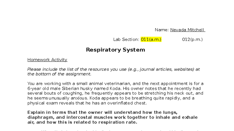 Respiratory System Homework Activity - Lab Section 011/012 - Studocu