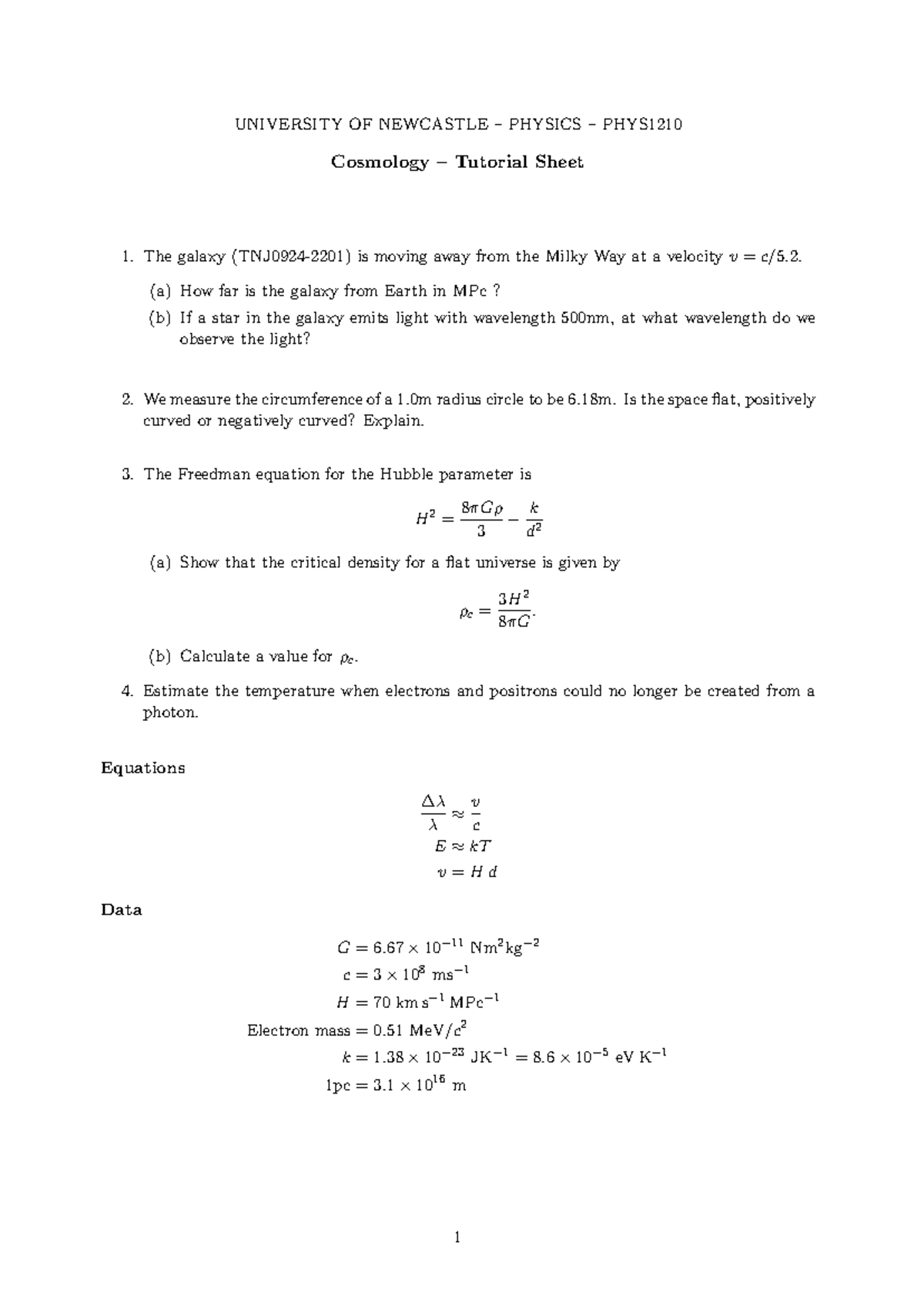 PHYS1210 Tutorial 2 Cosmology - UNIVERSITY OF NEWCASTLE – PHYSICS ...