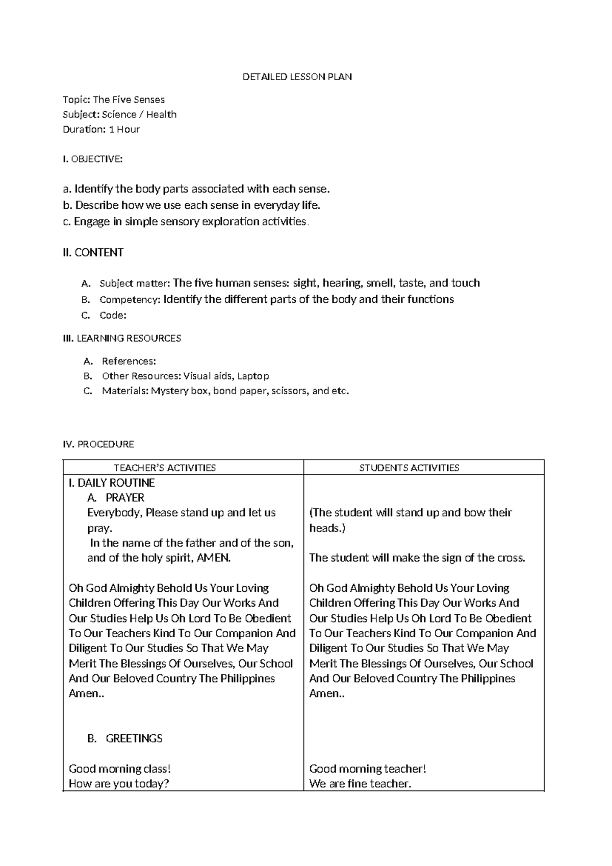 LEARNING RESOURCES: Detailed Lesson Plan on The Five Senses - Studocu