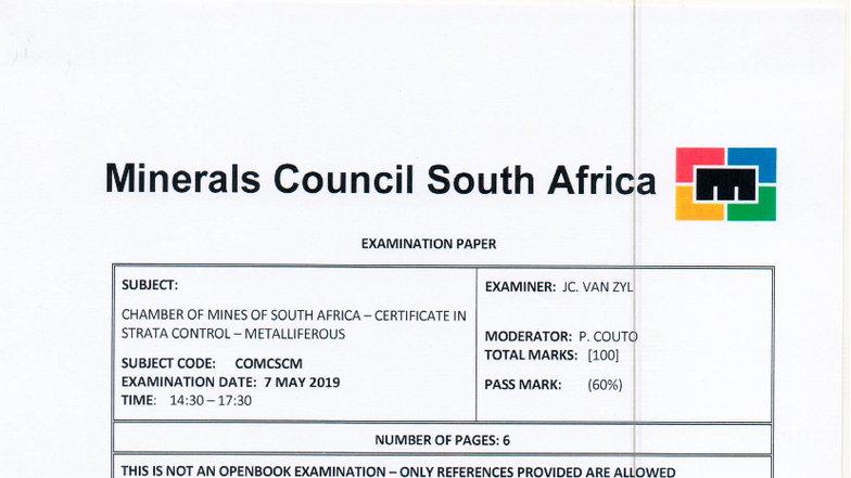 SCO Exam COMCSCM May 2019: Strata Control Metalliferous - Studocu