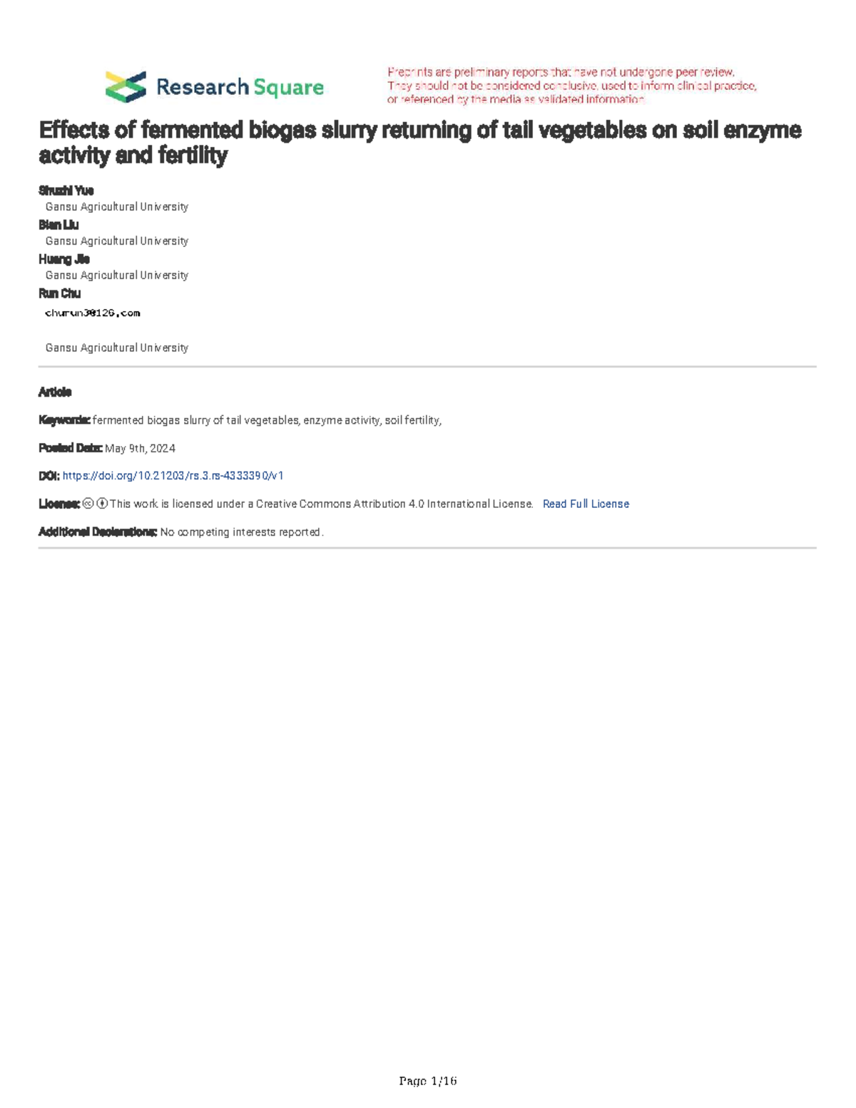 Effects of Fermented Biogas Slurry on Soil Enzyme Activity and ...