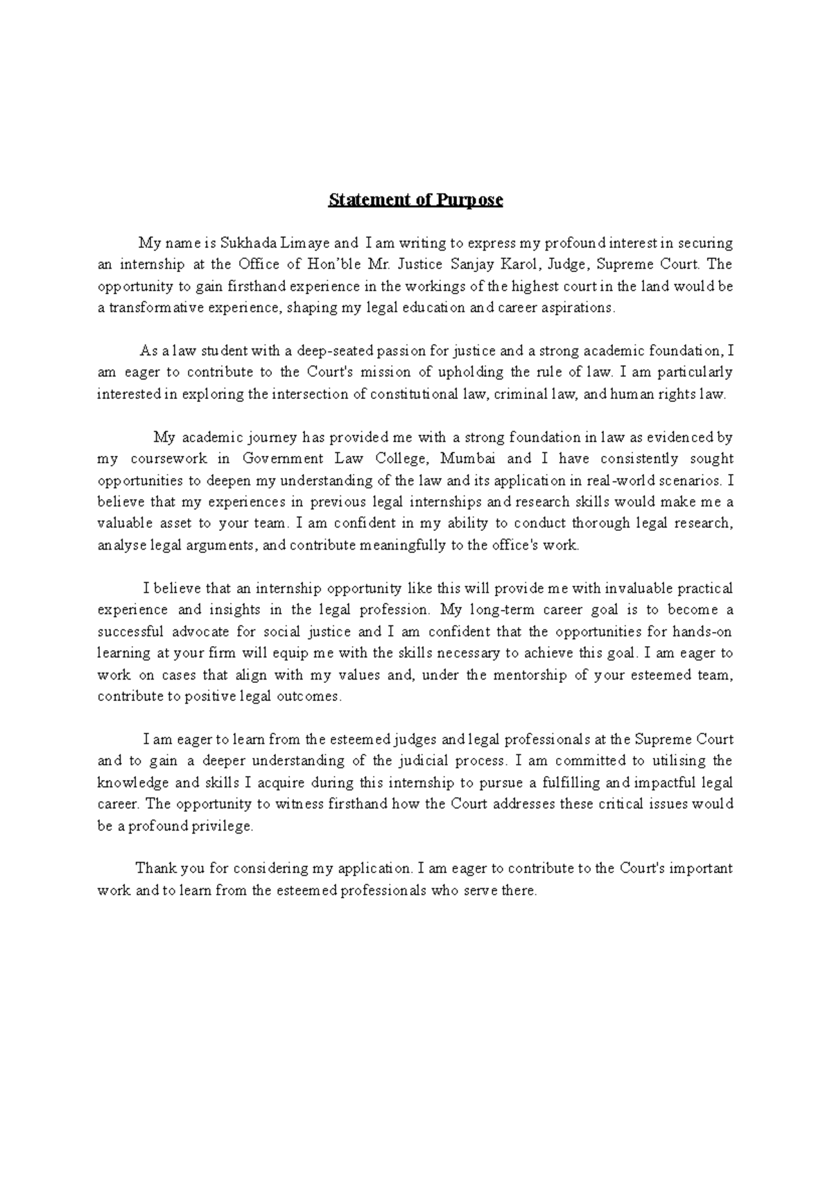SOP: Internship Application for Justice Sanjay Karol's Office - Studocu