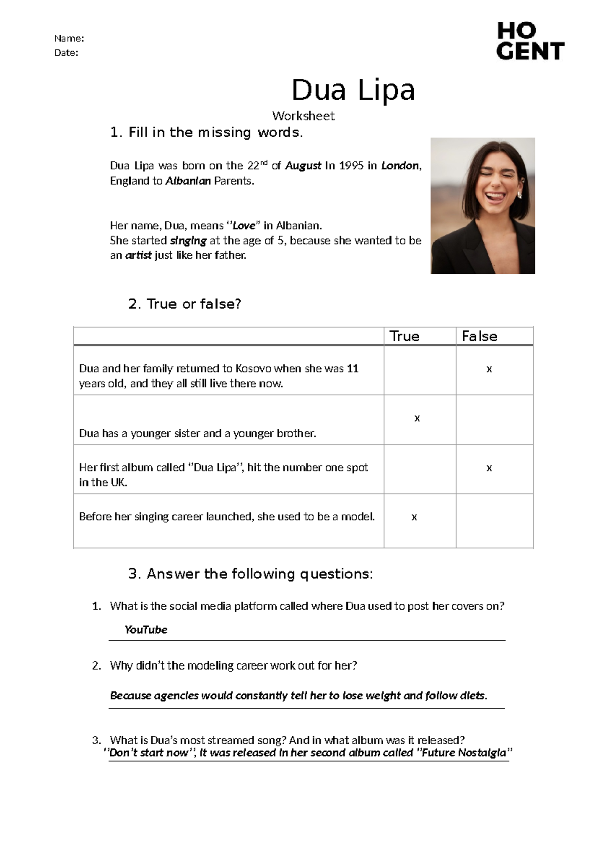 Dua Lipa Worksheet English 1 - Dua Lipa Worksheet 1. Fill in the ...
