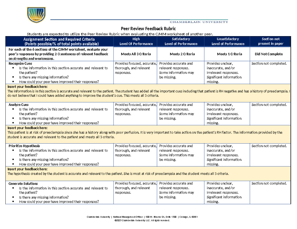 Peer Review Feedback Worksheet completed - i-Human Patients® Assignment ...