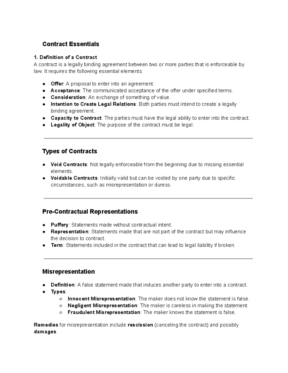 Contract Study Guide - Contract Essentials Definition of a Contract A ...