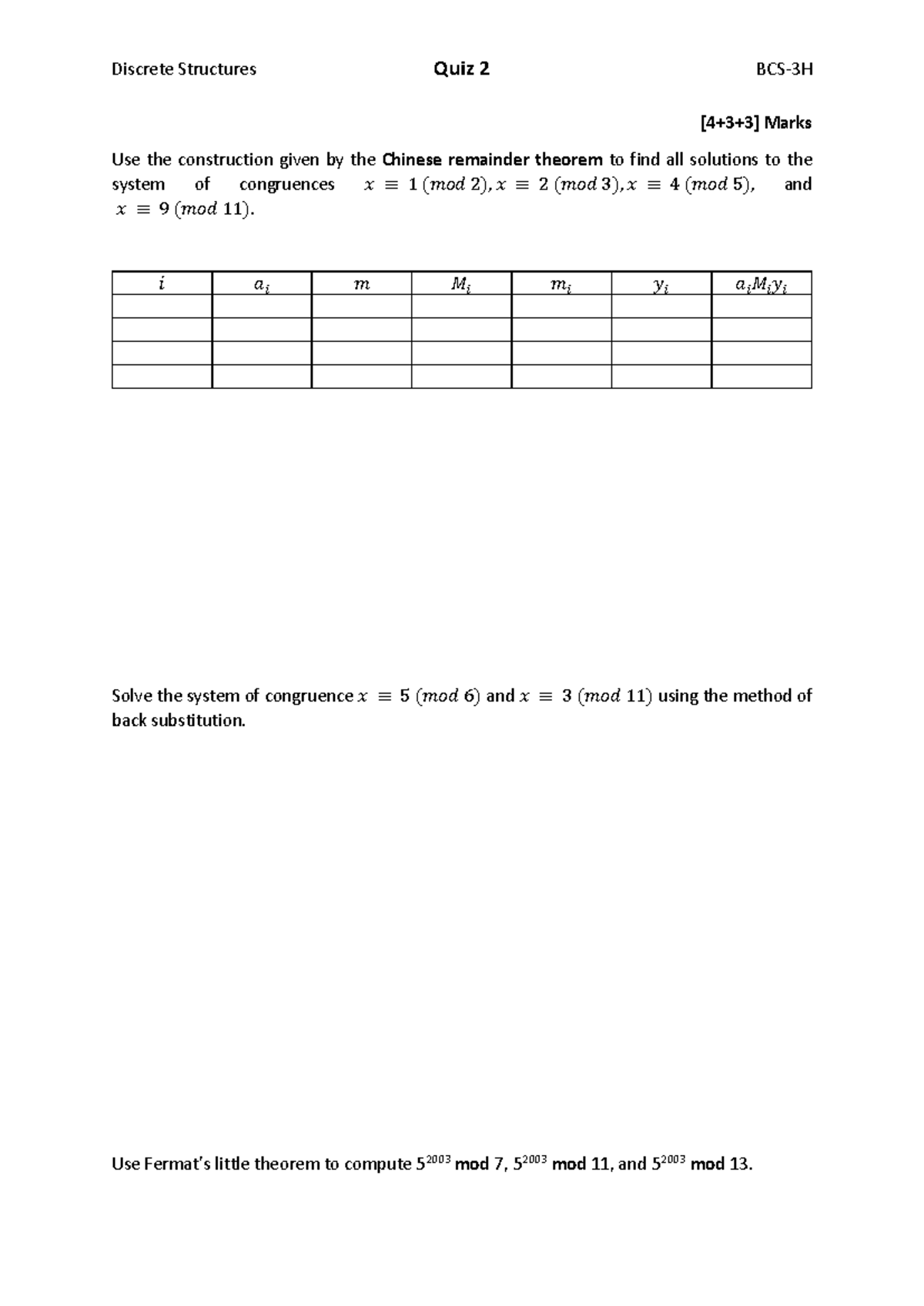 Discrete Fall 2024 Quiz 2 3H - Discrete Mathematics - Discrete ...