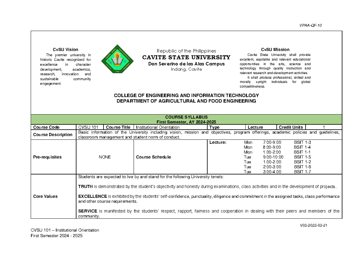 CVSU 101 IT Syllabus - old - V0 3 - 2023 - 03 - 21 CVSU 101 ...