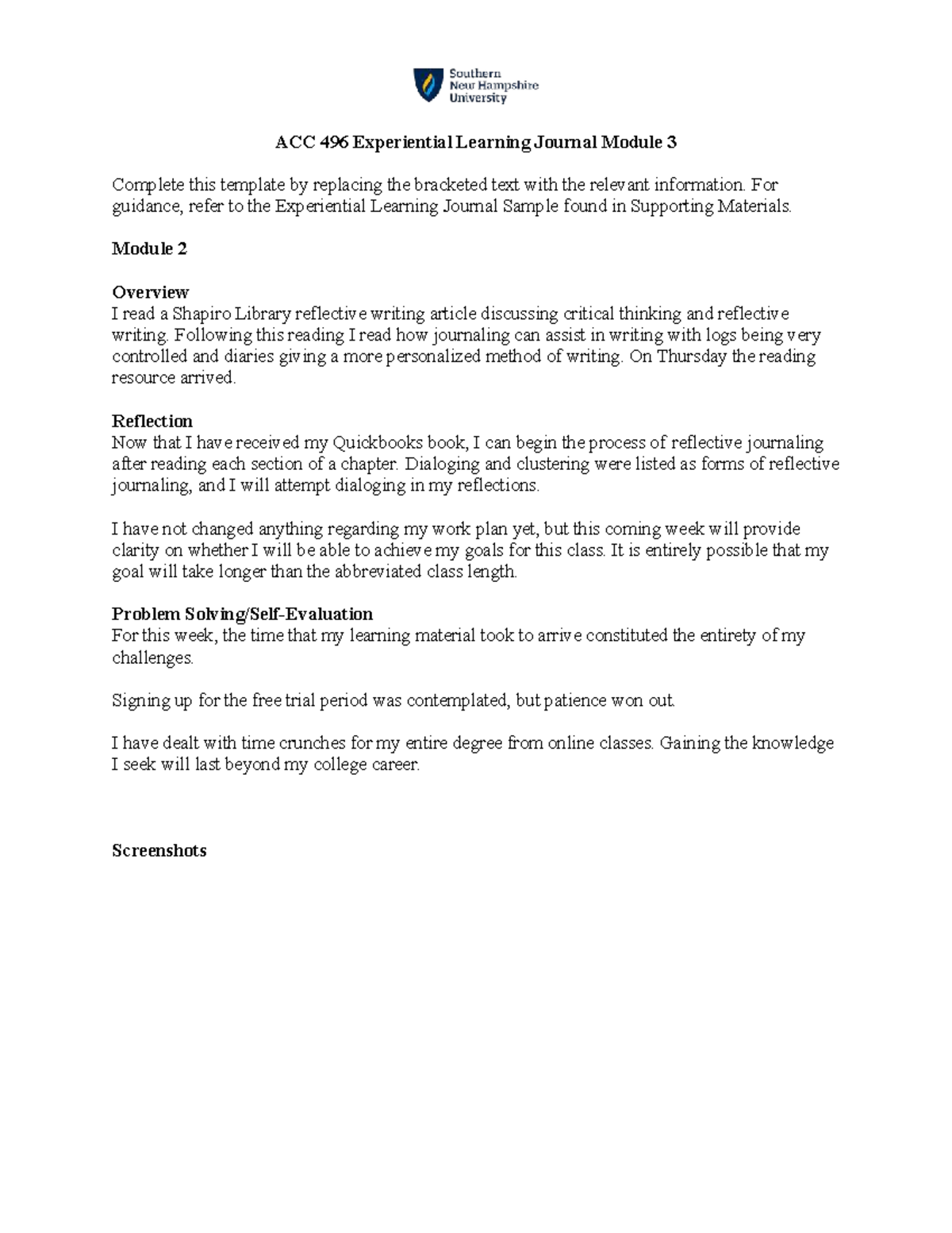 ACC 496 Experiential Learning Journal Week 4 Reflection and Insights ...