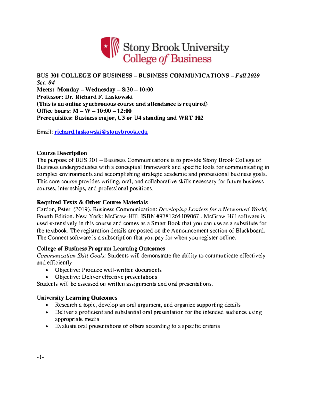 BUS 301 Fall 2020: Syllabus for Business Communications Course - Studocu