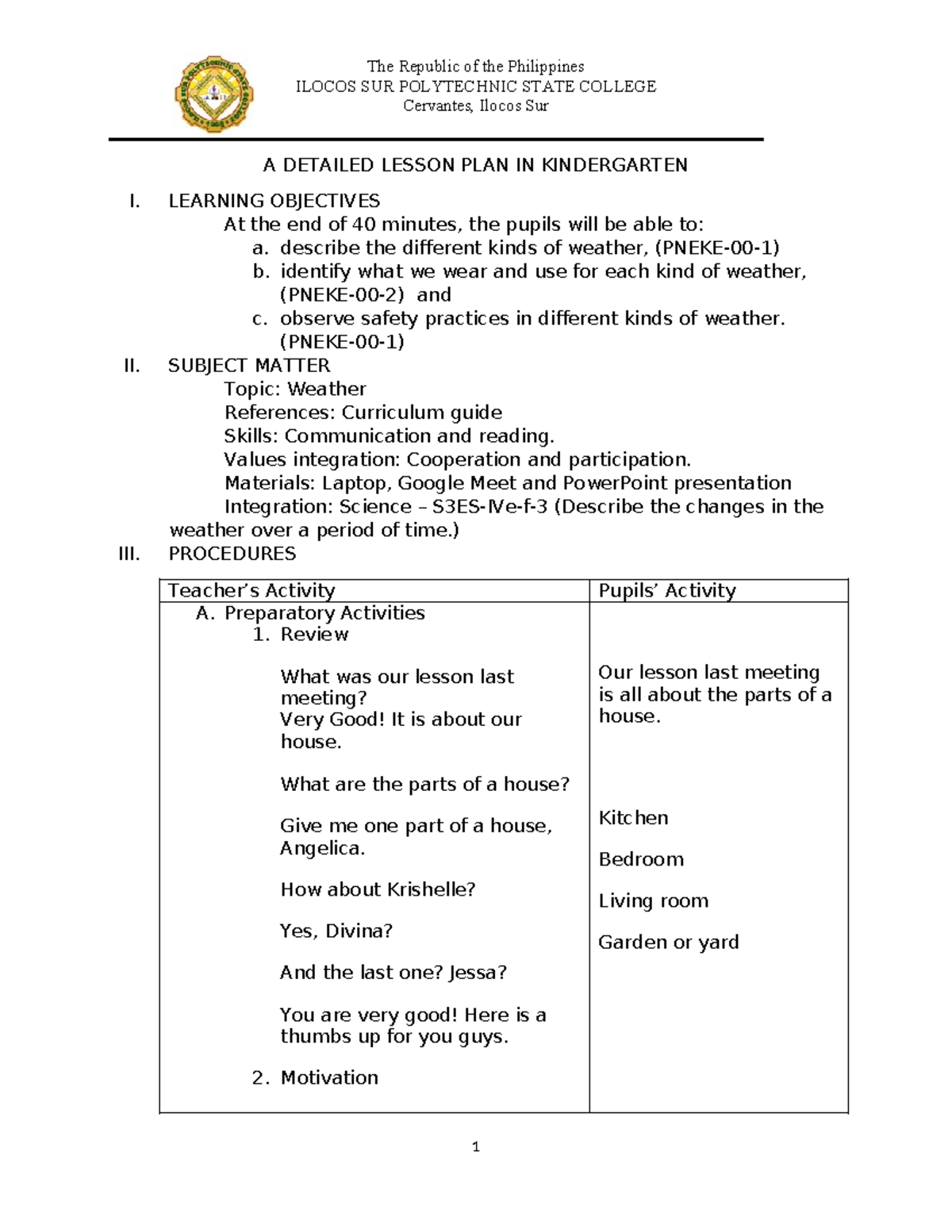Kindergarten Lesson Plan on Weather (PNEKE-00) - Studocu