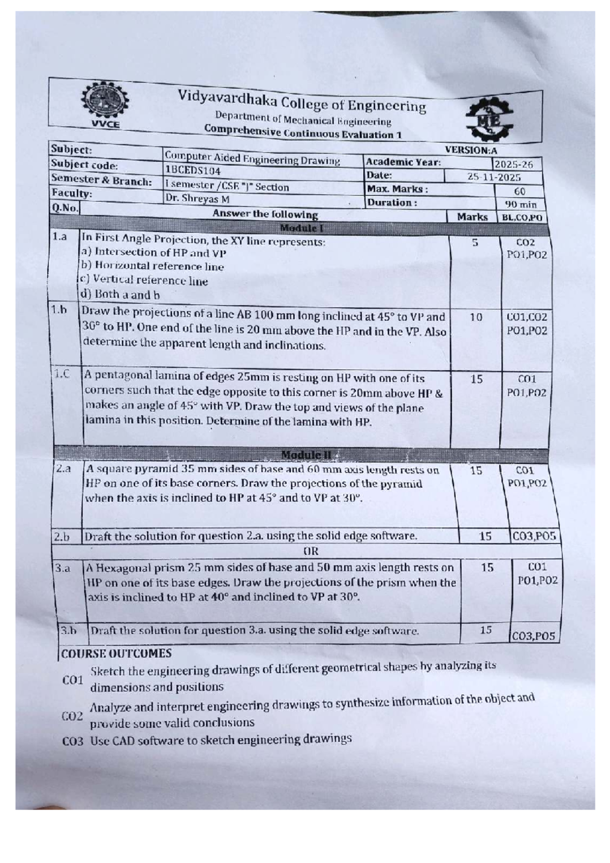 CAED Internals 1 QP - Computer-Aided Engineering Drawing 1BCEDS104 ...