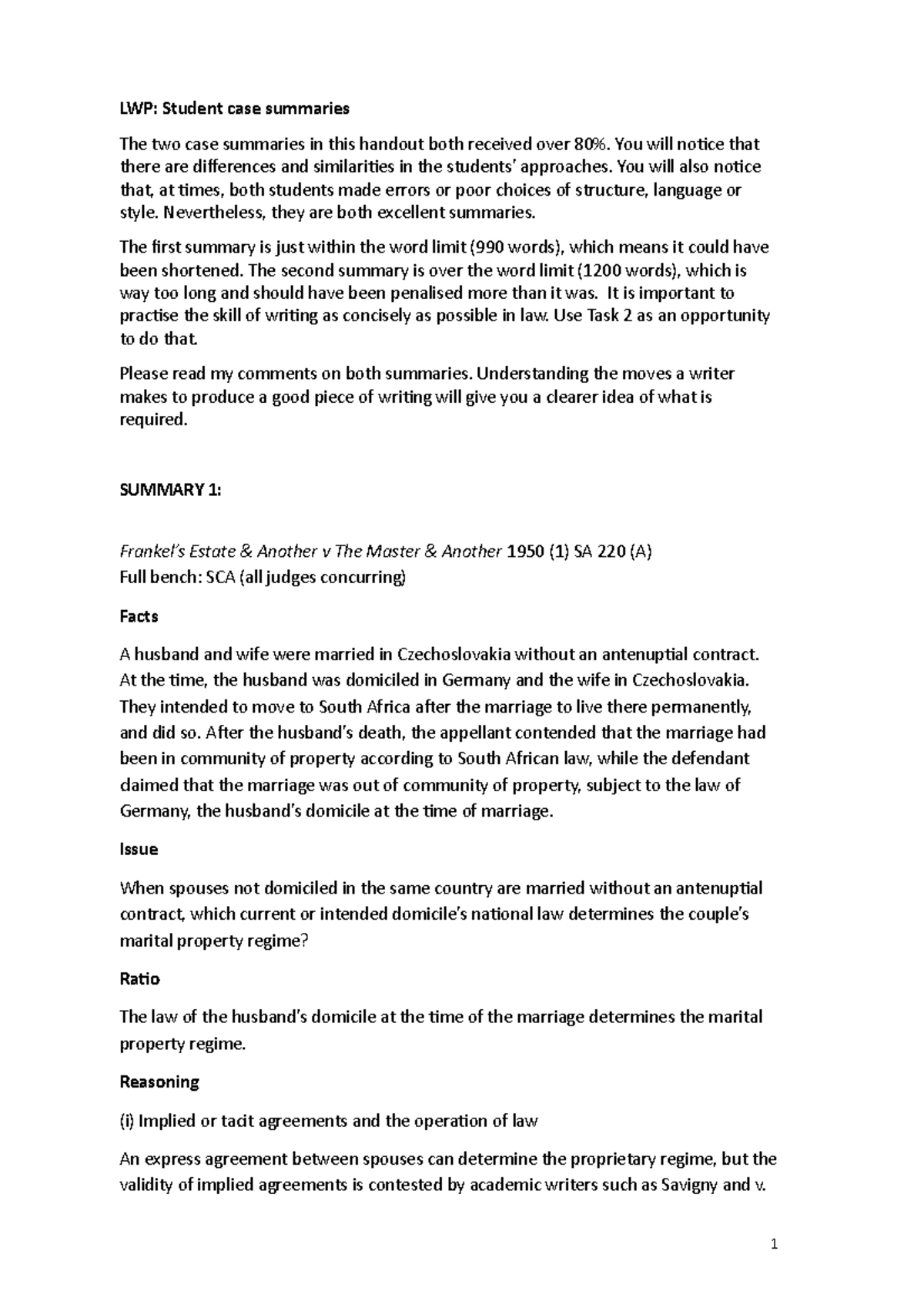 Annotated Case Summaries for LWP: Frankel’s Estate (1950) - Student ...