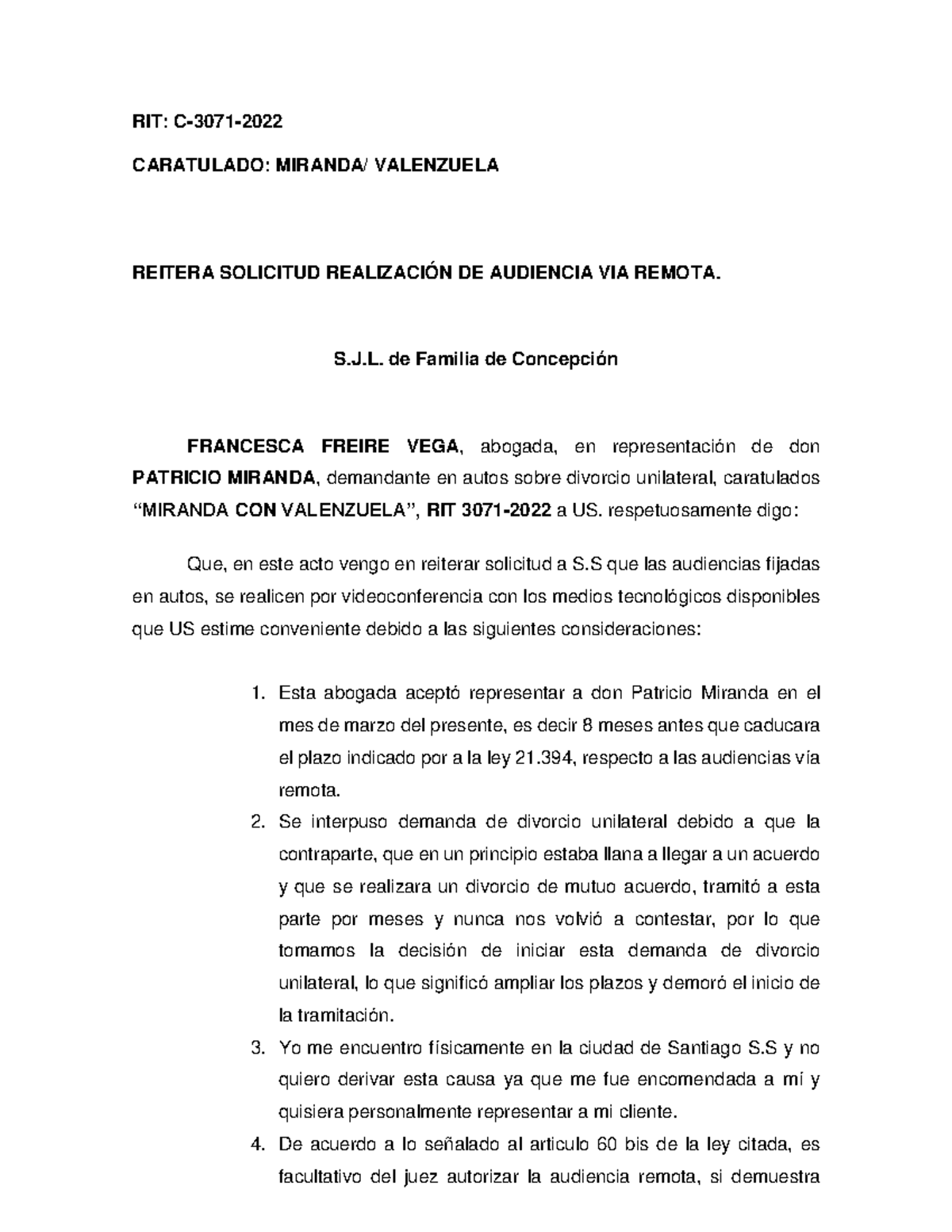 Solicitud de Audiencia Remota en Caso Miranda-Valenzuela RIT C-3071 ...