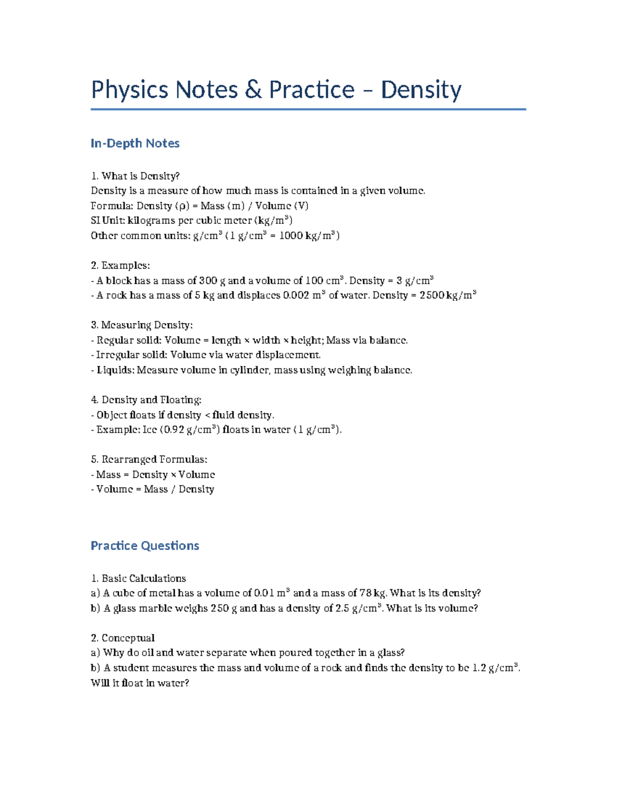 Density Notes - CAIE: Understanding and Calculating Density - Studocu