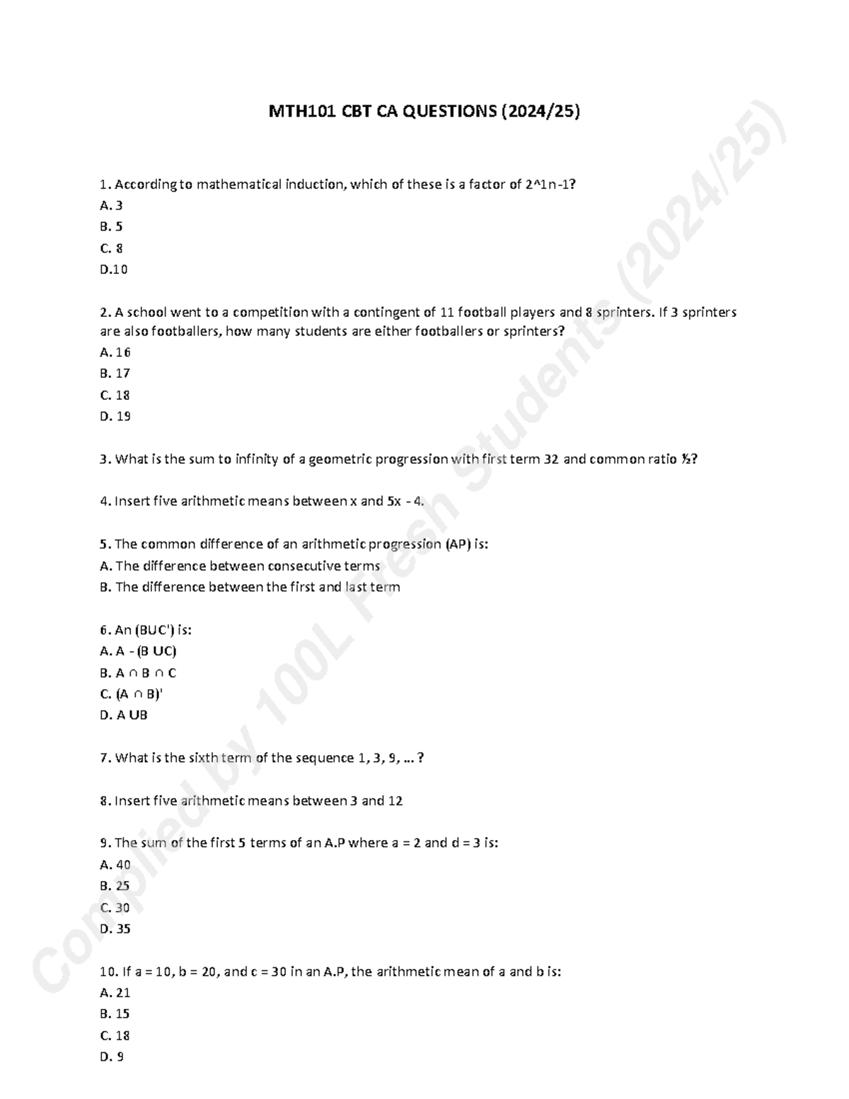 MTH101 CBT CA Questions 2: Mathematical Induction & Sequences - Studocu