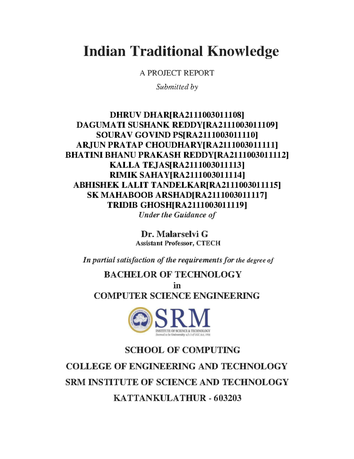 Team 1 ITK Project Report: Indian Traditional Knowledge - RA2111003011 ...