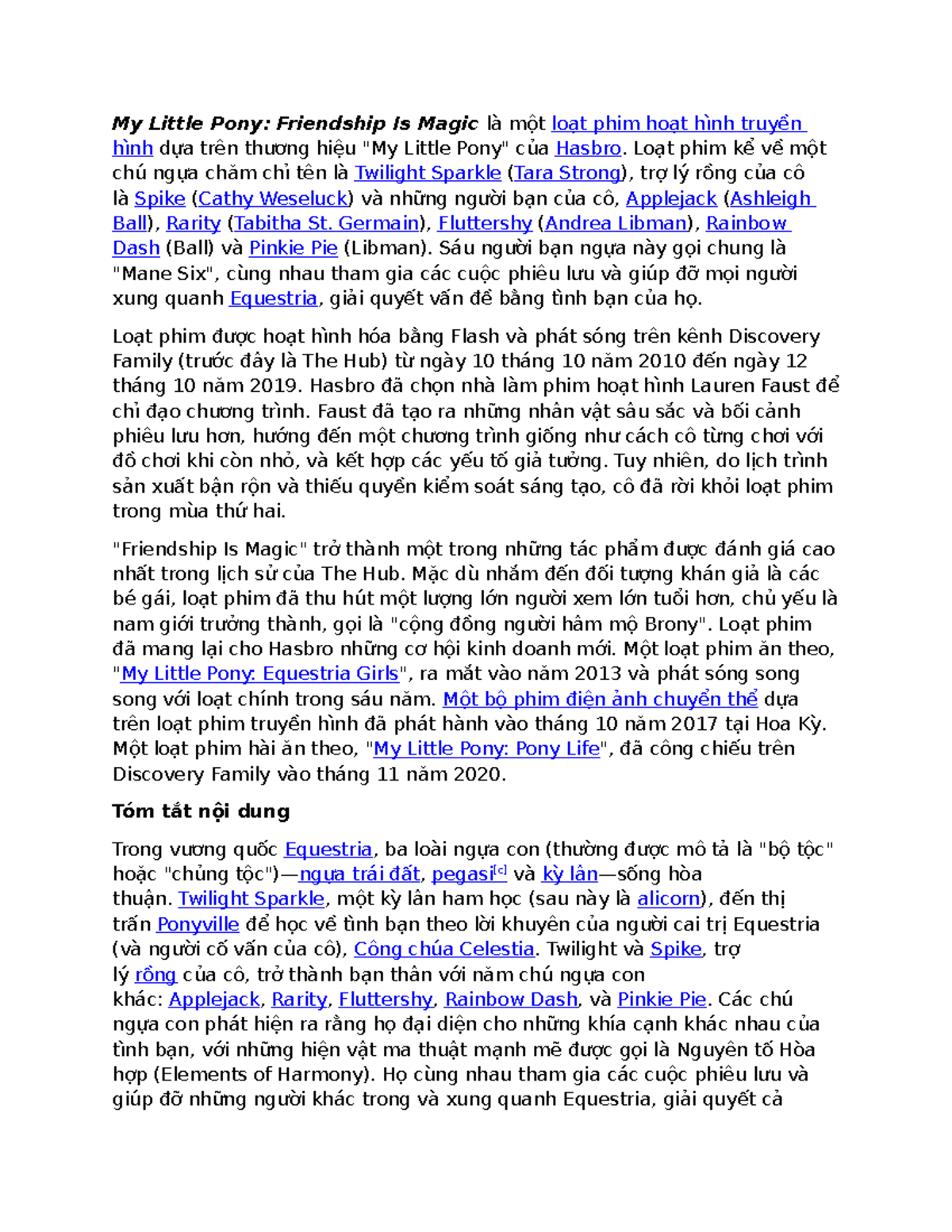My Little Pony: Friendship Is Magic - Tóm tắt và Phân tích - Studocu