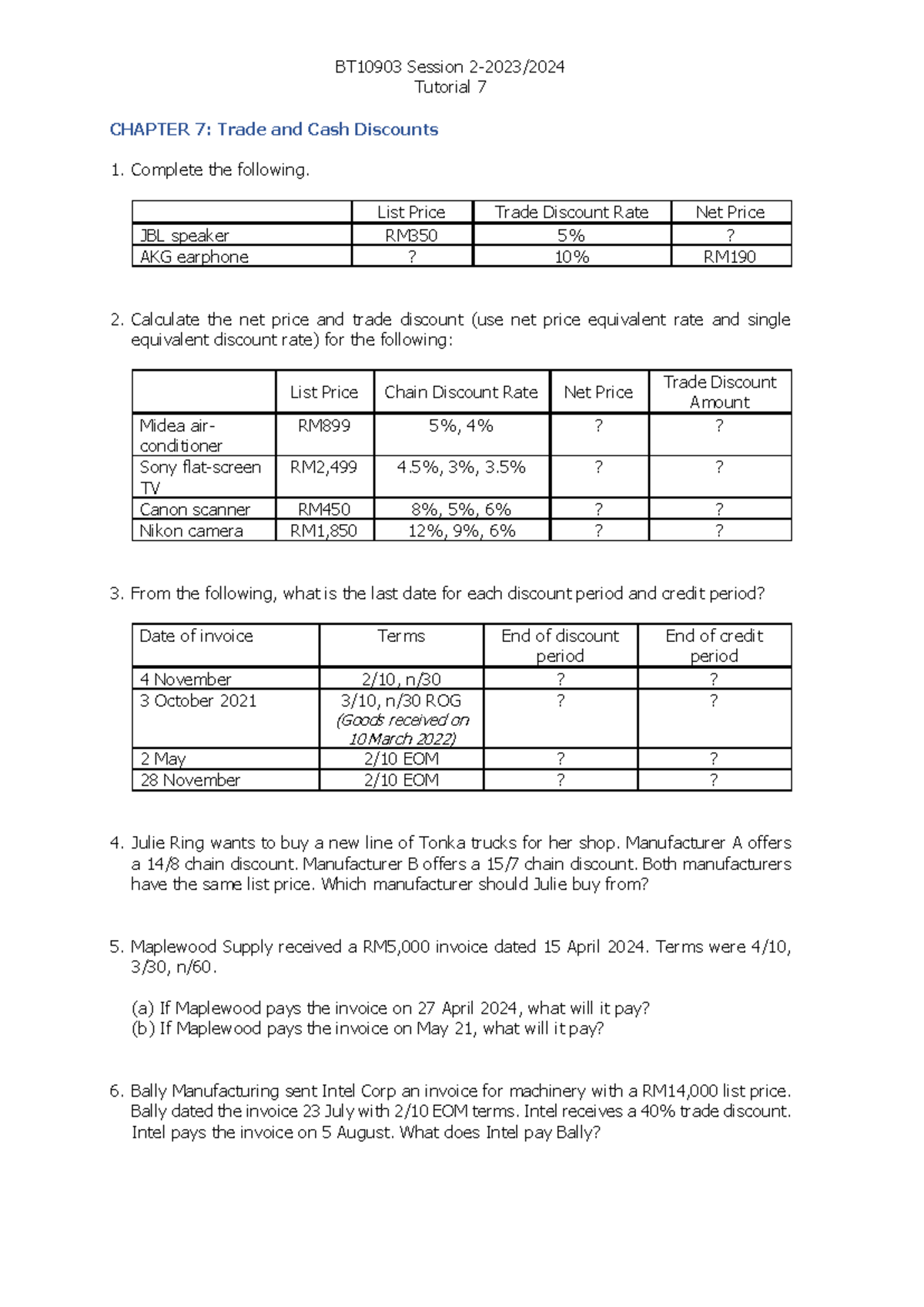 BT10903 Tutorial Exercise 7: Trade & Cash Discounts Calculations - Studocu