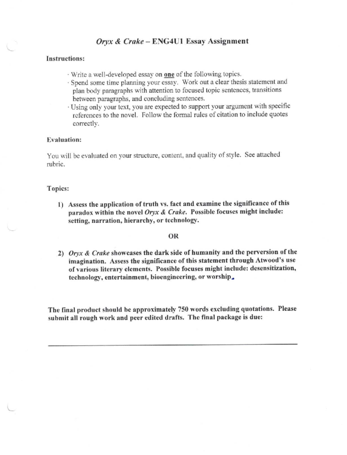 ENG4U1 Oryx and Crake Essay Assignment Guidelines - Studocu