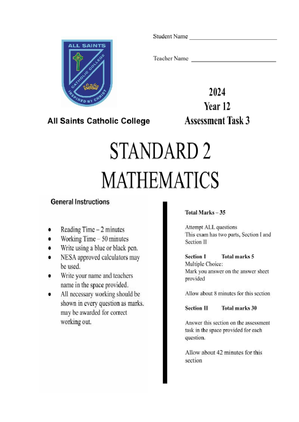 Yr 12 Standard 2 Maths Task 3 Exam Questions & Solutions 2024 - Studocu