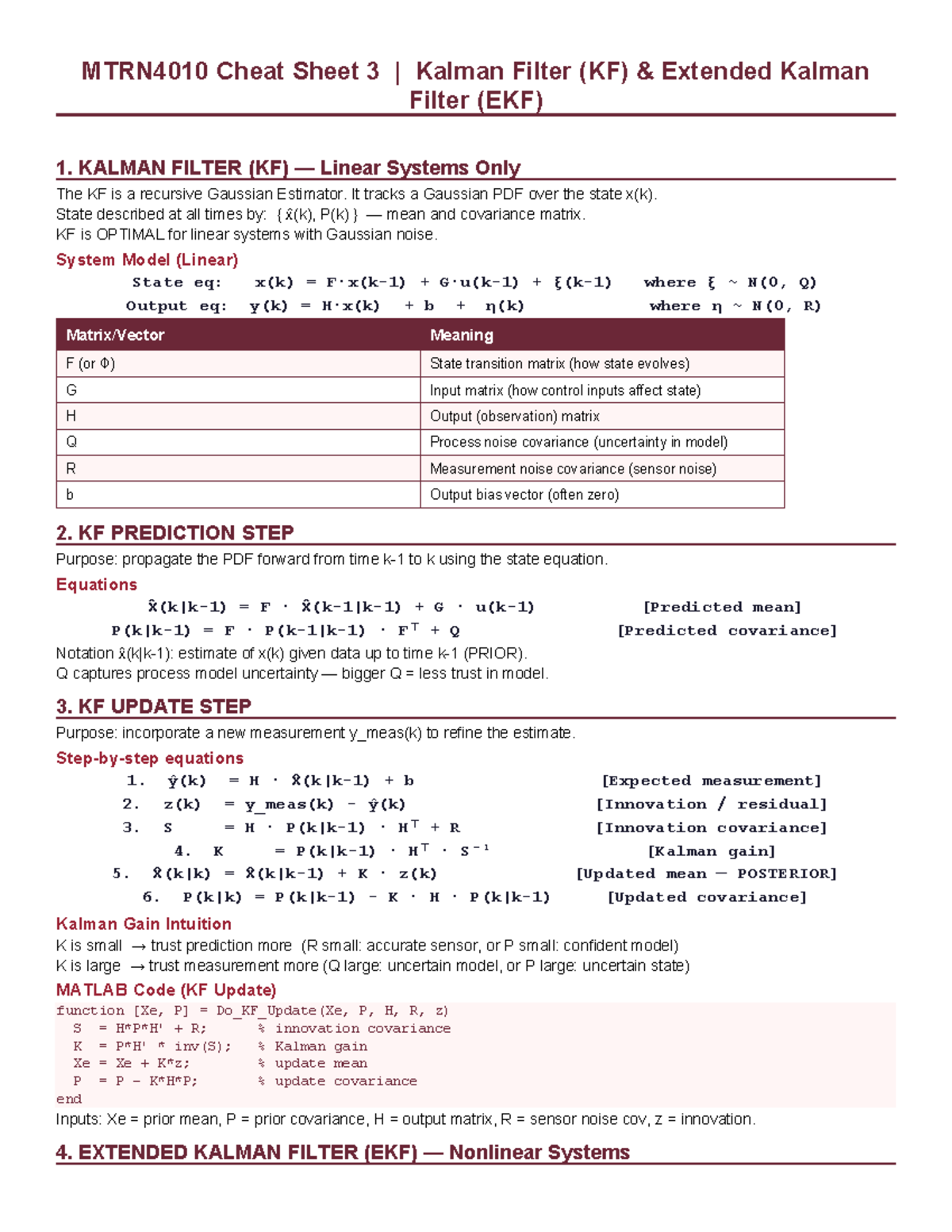MTRN4010 Cheat Sheet 3: Kalman & Extended Kalman Filters - Studocu