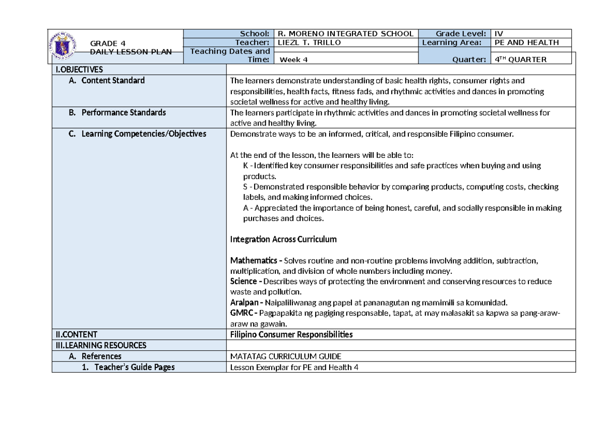 PE & Health 4 Q4 Week 4 Daily Lesson Plan on Consumer Responsibilities ...