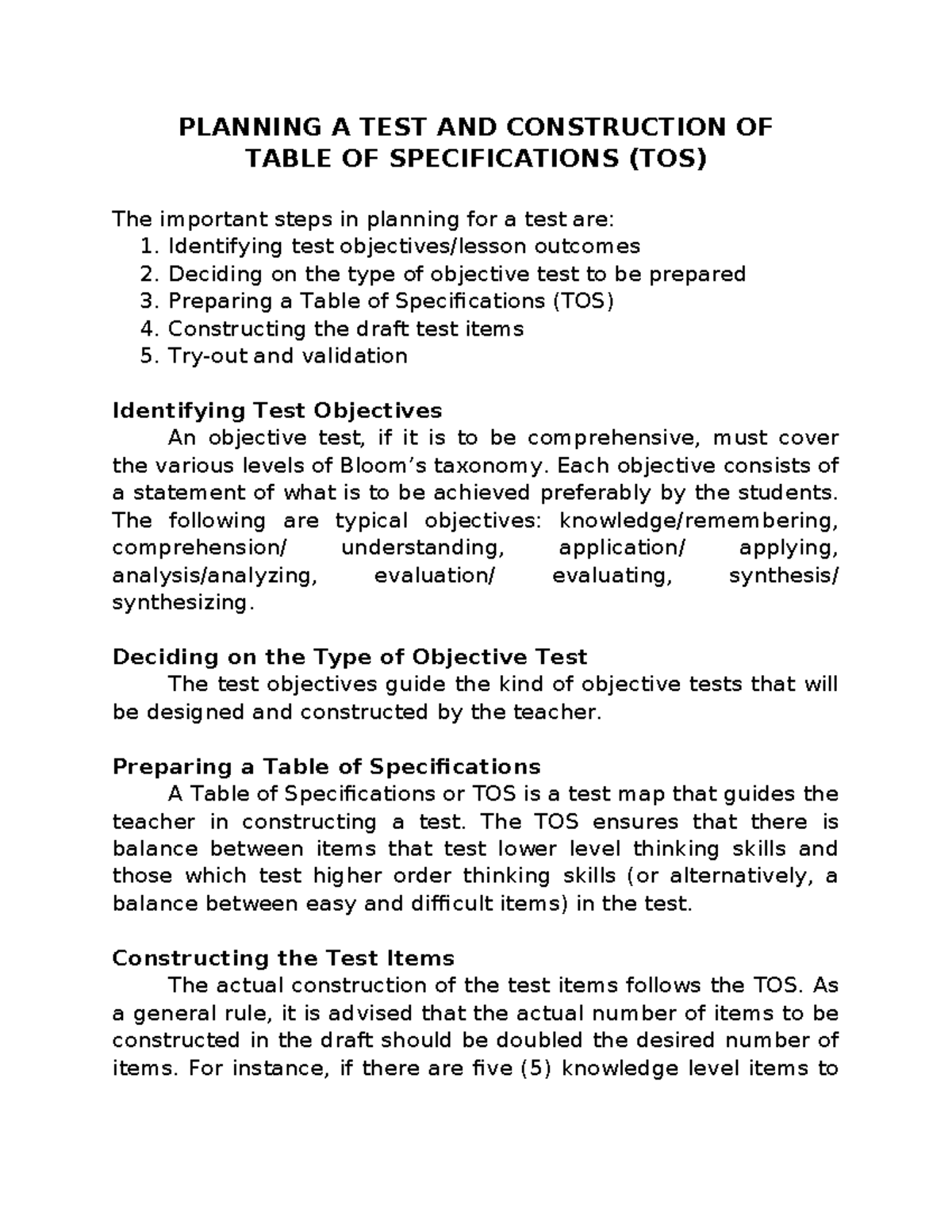 PLANNING A TEST & CONSTRUCTING A TABLE OF SPECIFICATIONS - Studocu