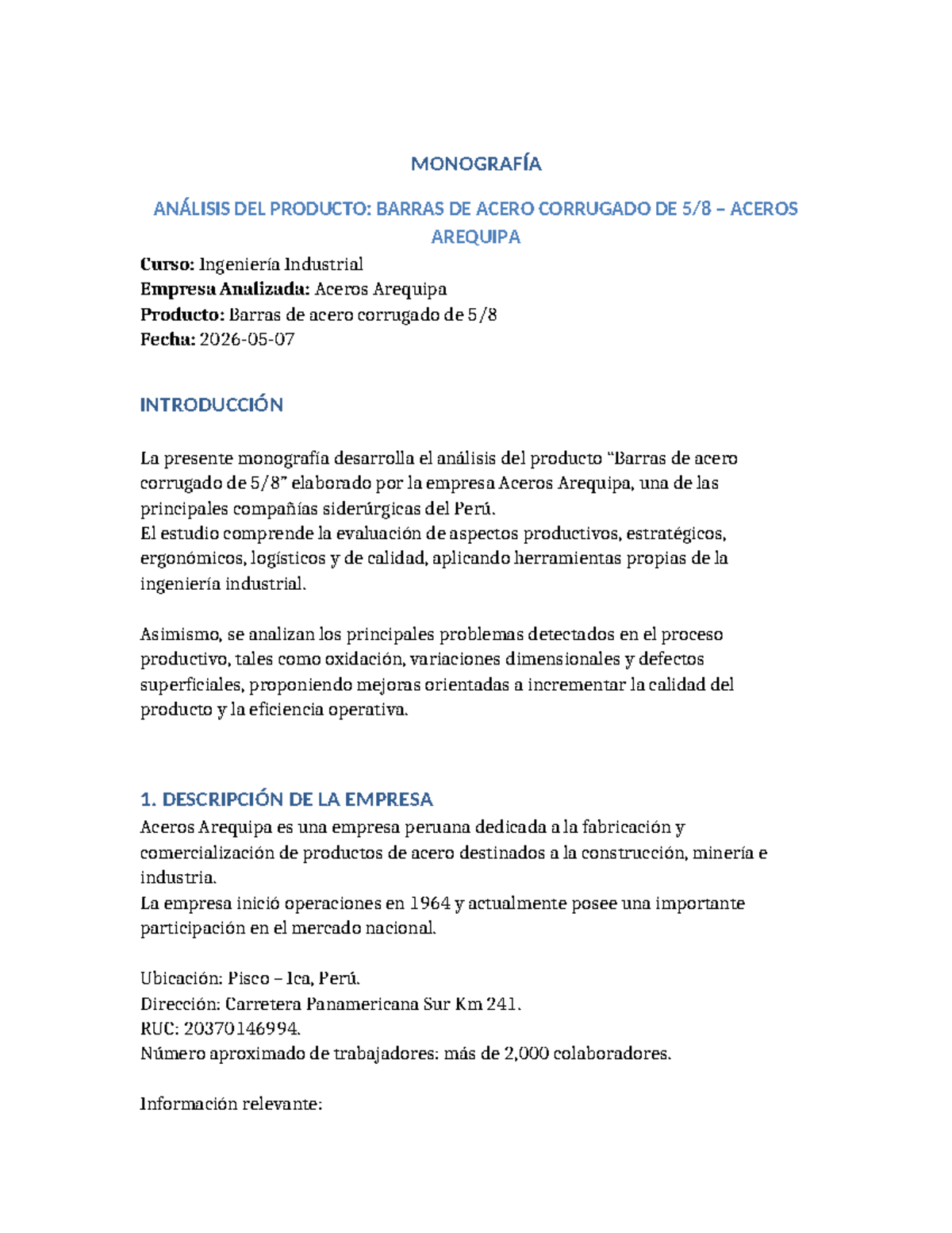 Monografía: Análisis del Producto Barras de Acero Corrugado ...