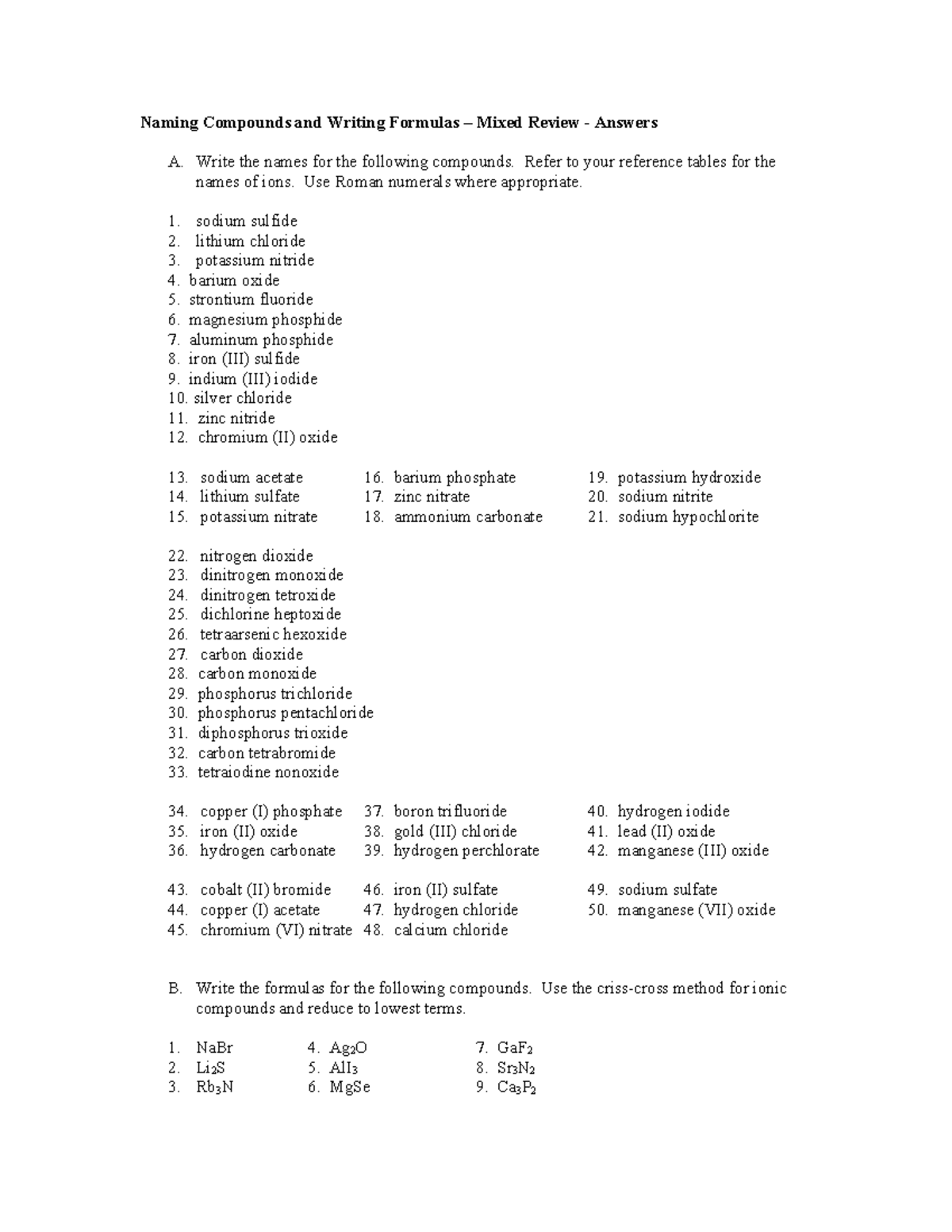 Naming Compounds and Writing Formulas Review Answers - Studocu