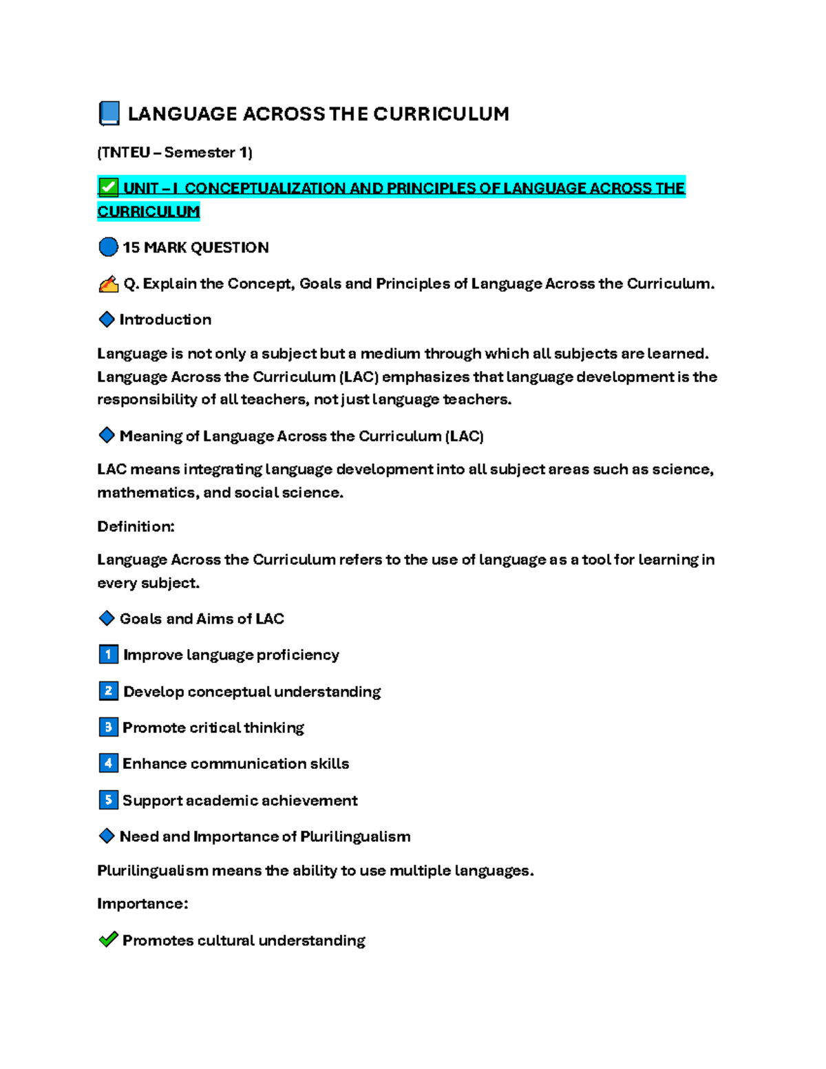 LANGUAGE ACROSS THE CURRICULUM (TNTEU Semester 1) UNIT I: CONCEPTS ...