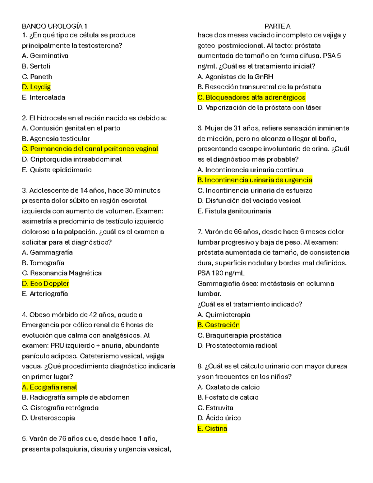Banco de Preguntas Urología 1: Exámenes y Diagnósticos Clave - Studocu