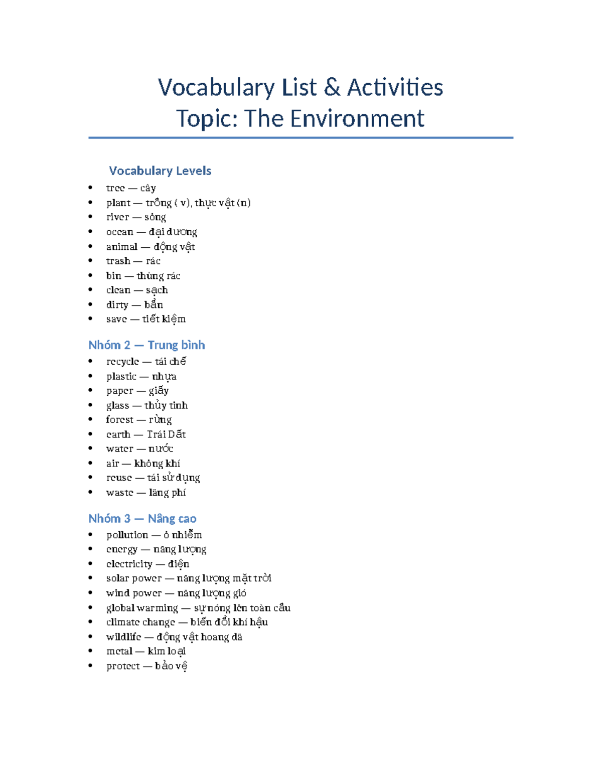 Environment Vocabulary List & Activities: Topic - The Environment - Studocu