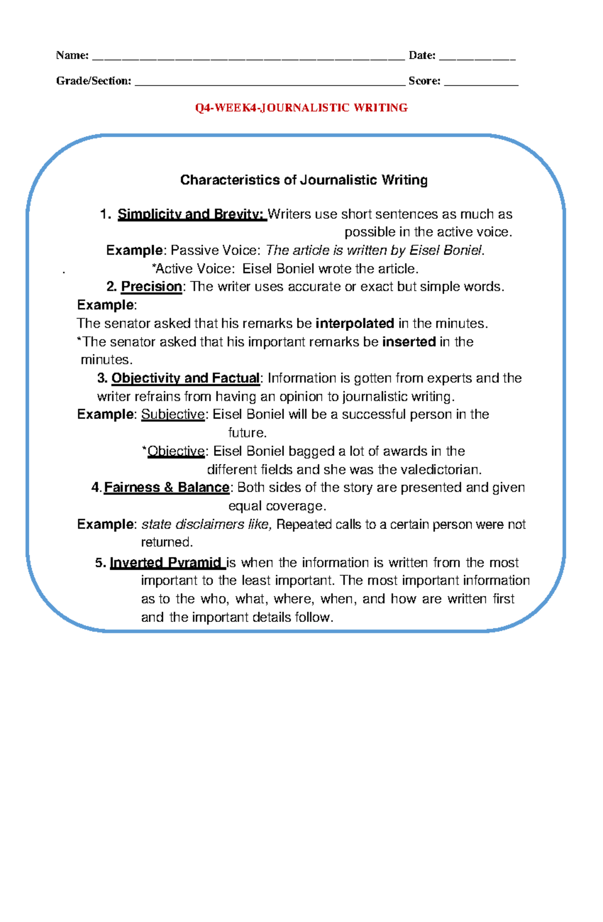 Q4 W4 Characteristics of Journalistic Writing Overview - Studocu