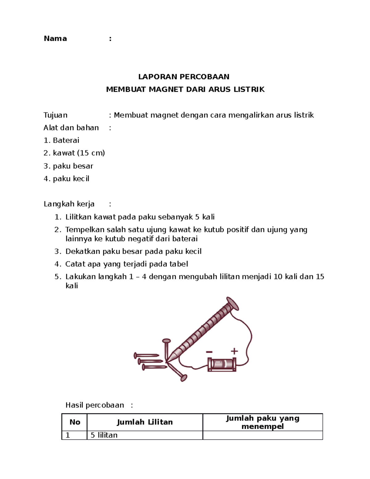 LKPD: Percobaan Membuat Magnet dari Arus Listrik - Studocu