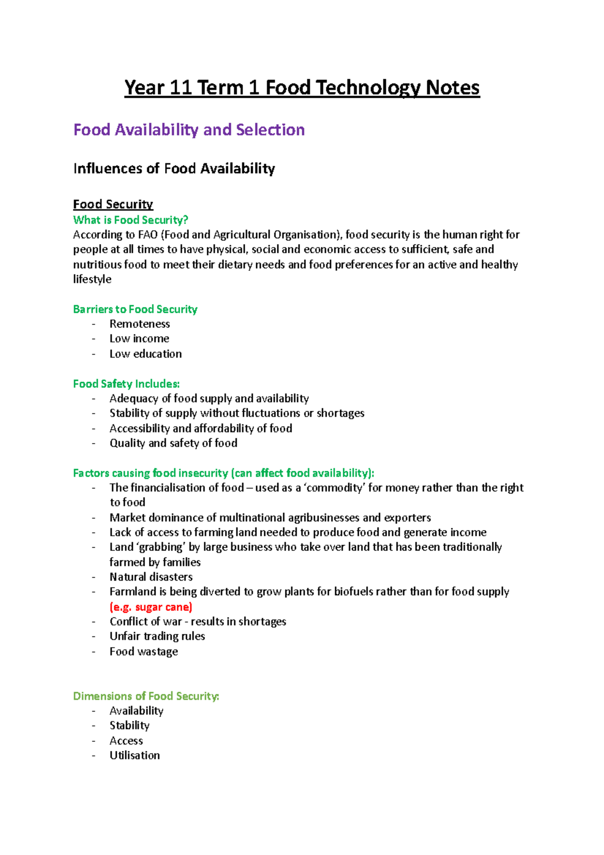 Year 11 Food Technology T1 Study Notes: Food Availability & Selection ...